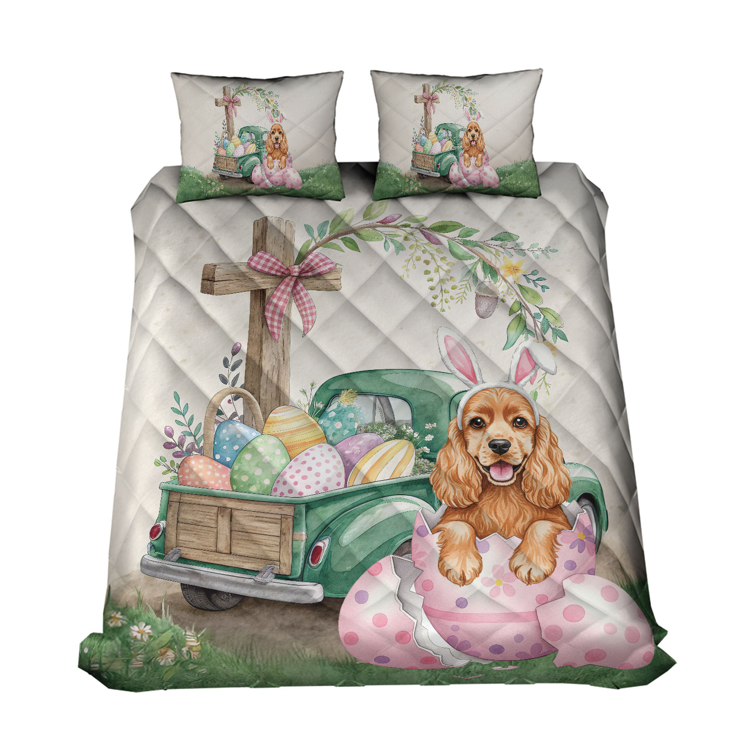 Easter Egg Cocker Spaniel Bunny Ear Welcome Spring Truck Quilt Bedding ...