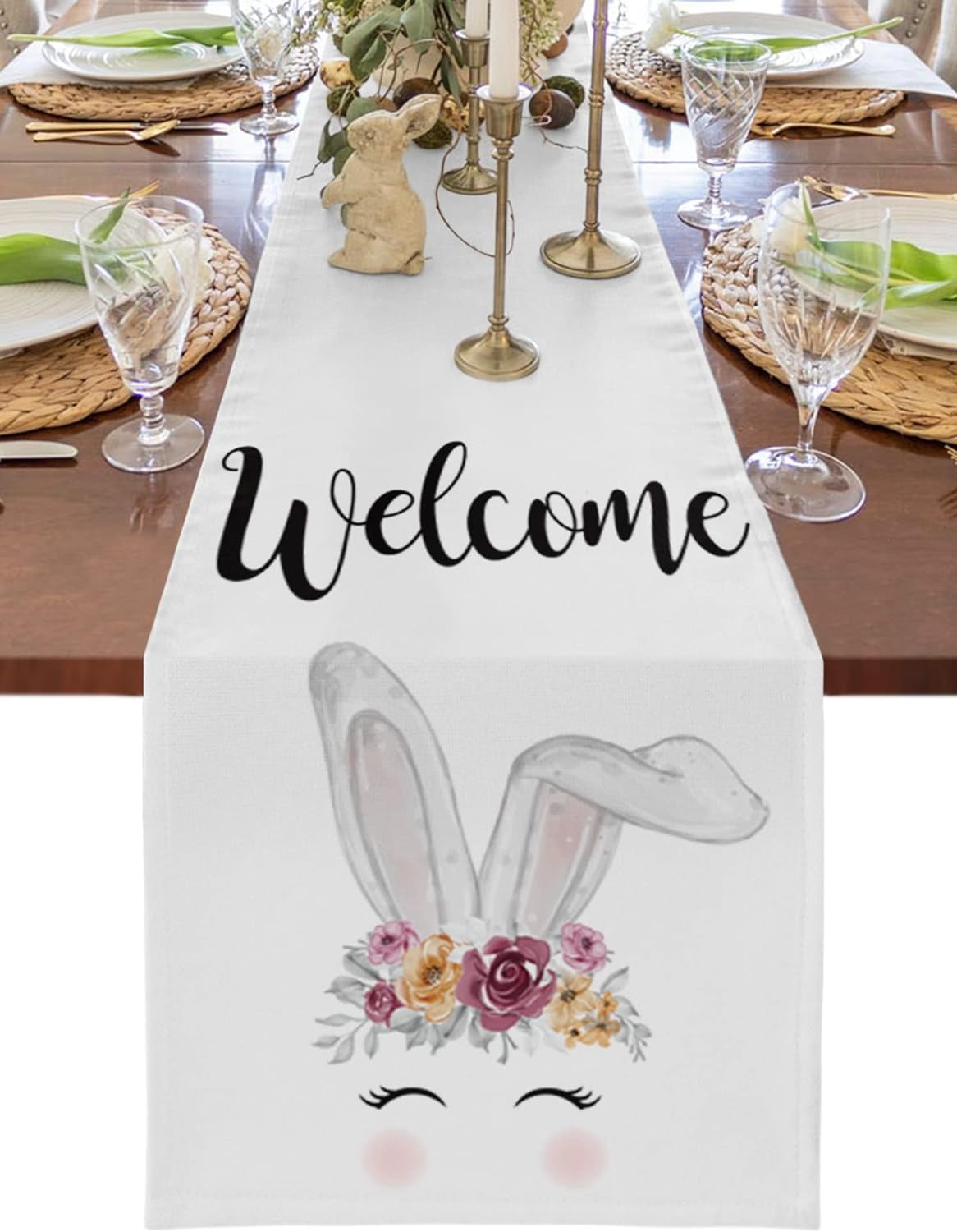 Easter Egg Cute Rabbit Bunny Grassland Linen Table Runner Dresser Scarf Table r Spring Seasonal ...