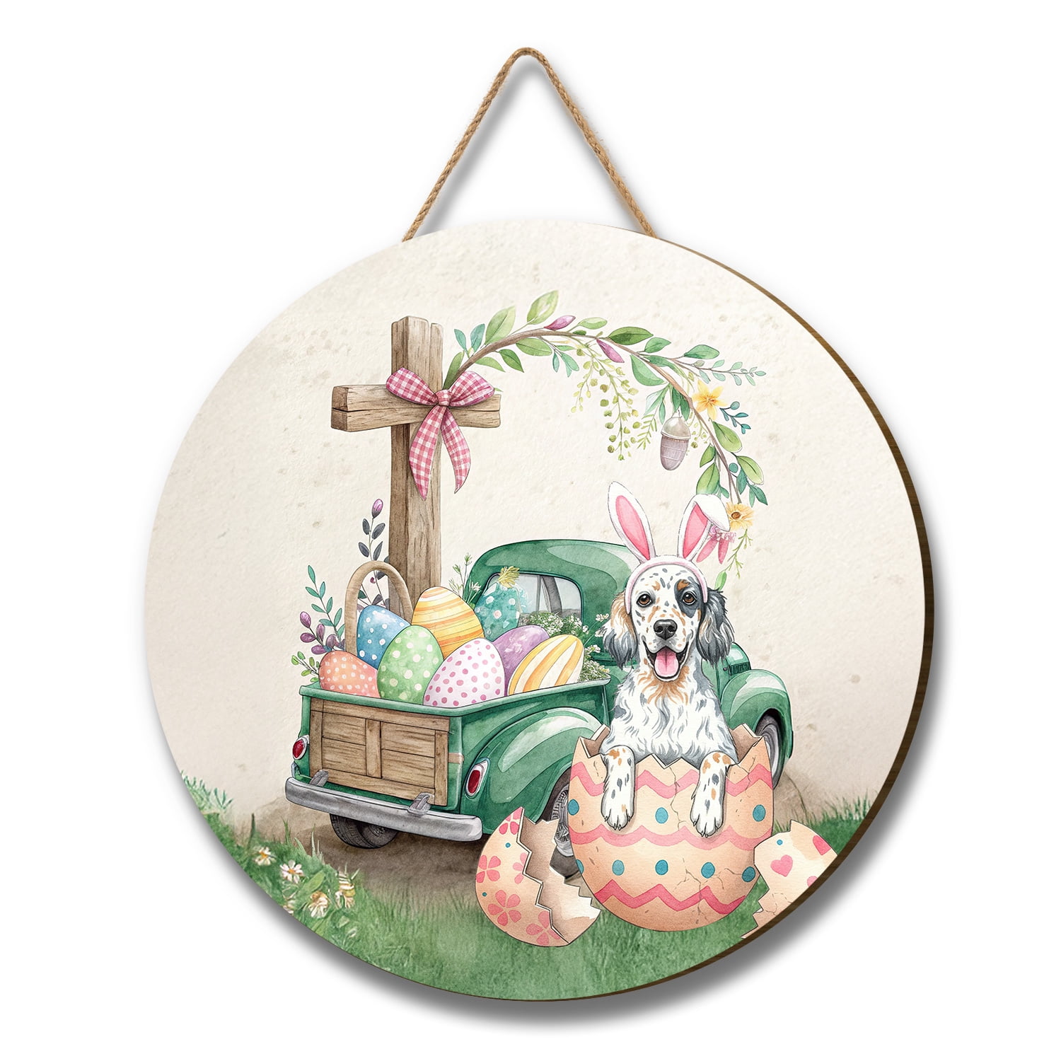 Easter Egg English Setter Bunny Ear Welcome Spring Truck Round Wood ...