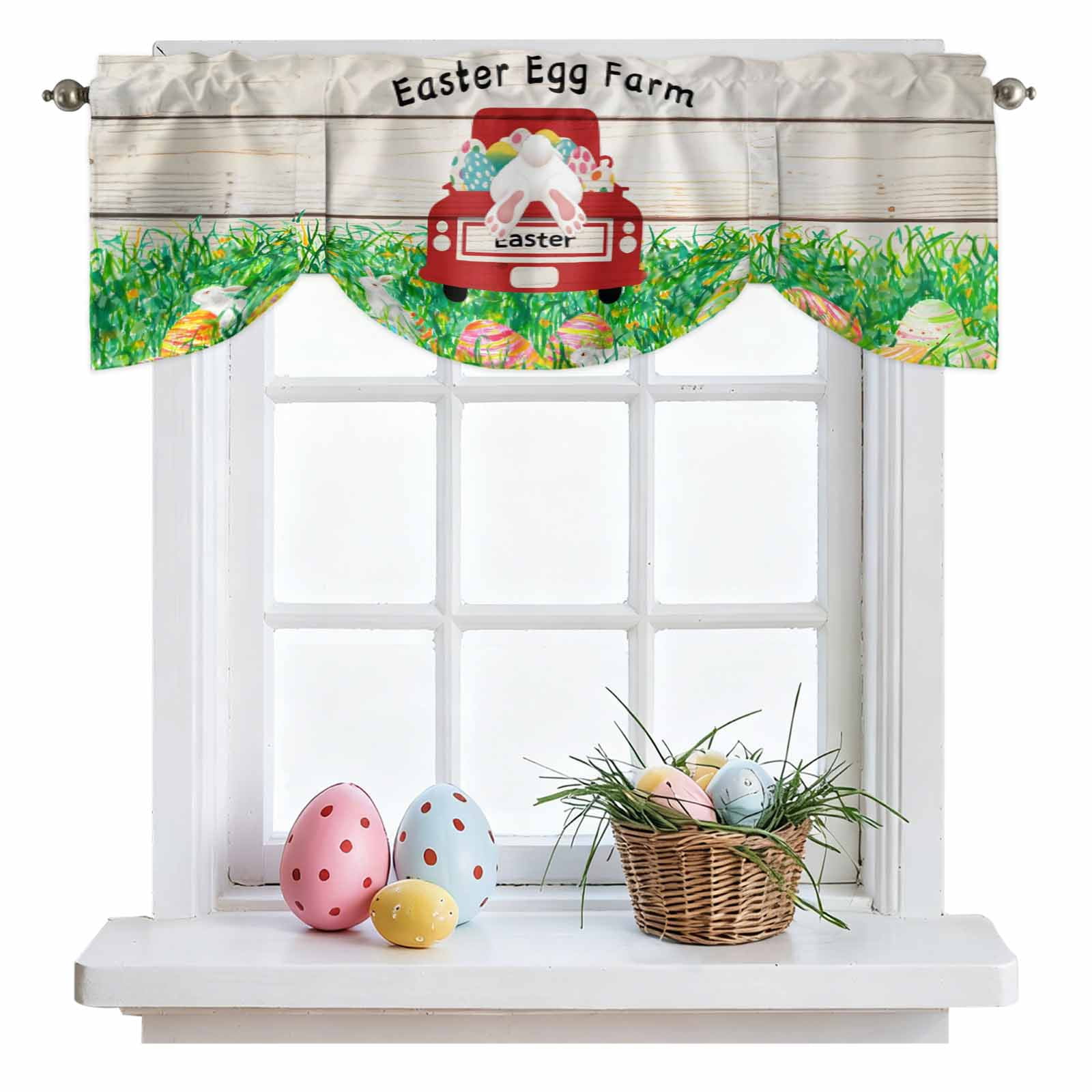 Easter Egg Farm Tie Up Valances Curtain, Country Red Truck Rabbits ...