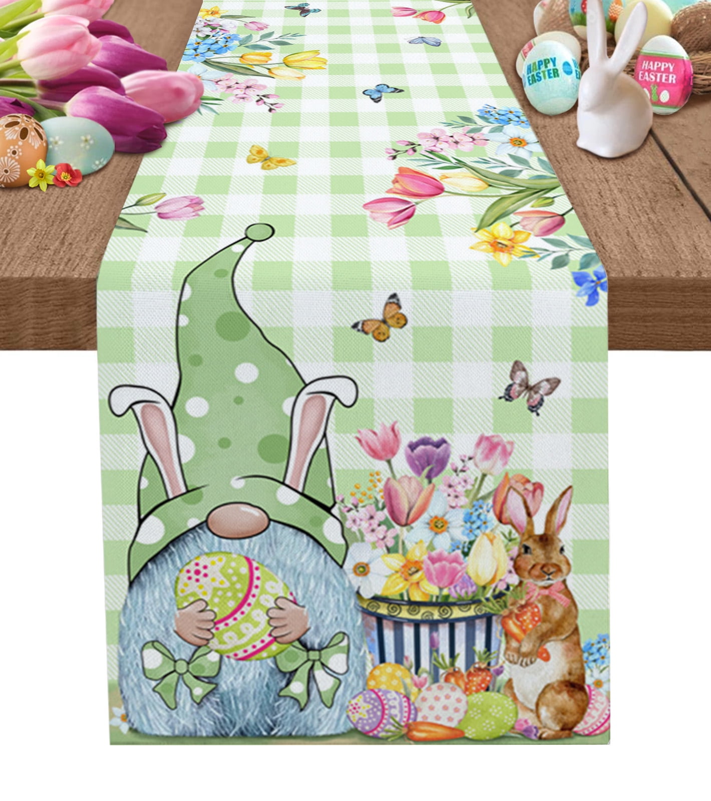 Easter Egg Gnome Rabbit Tulip Flowers Table Runner Wedding Table r ...