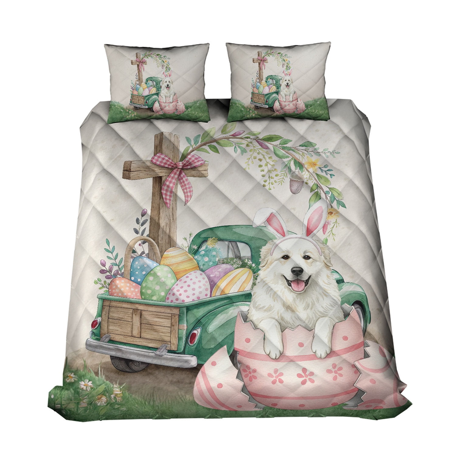 Easter Egg Great Pyrenees Bunny Ear Welcome Spring Truck Quilt Bedding ...