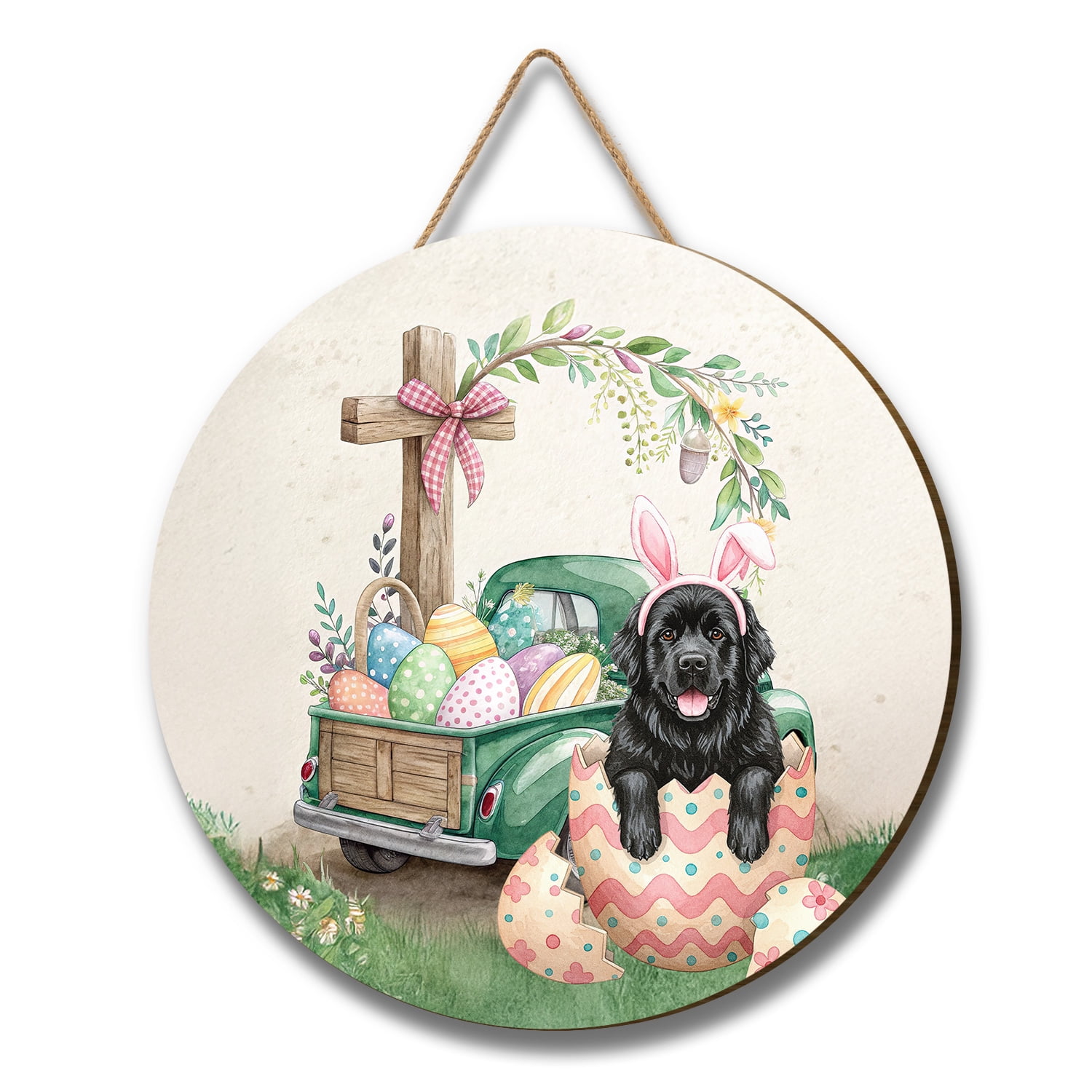Easter Egg Newfoundland Bunny Ear Welcome Spring Truck Round Wood Sign ...