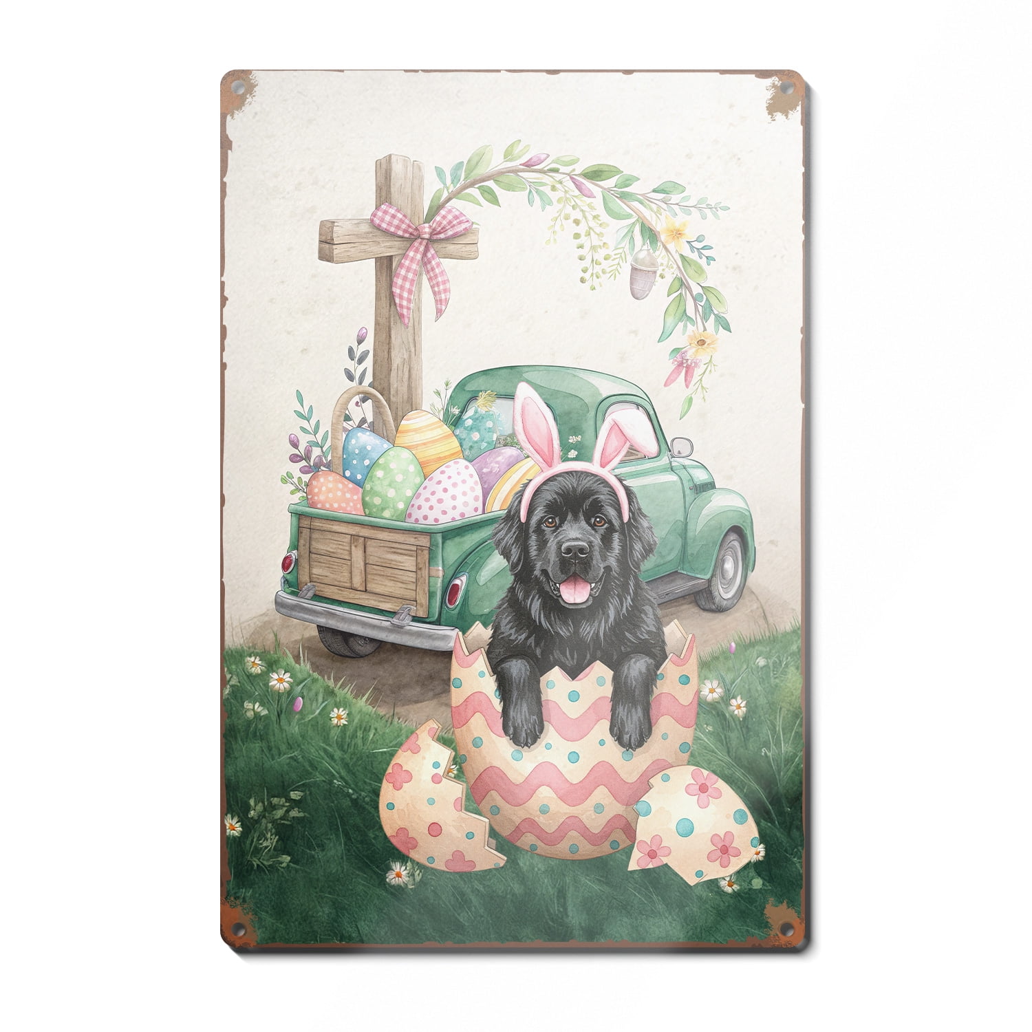 Easter Egg Newfoundland Bunny Ear Welcome Spring Truck Vertical Metal ...