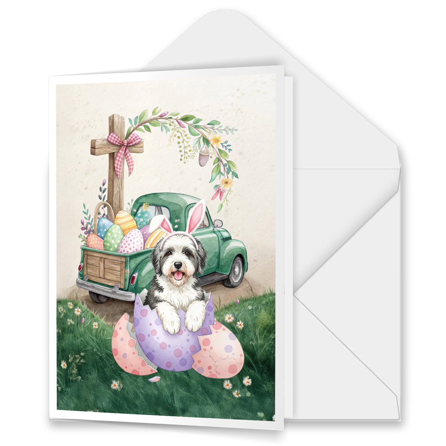 Easter Egg Old English Sheepdog Bunny Ear Welcome Spring Truck 5x7in ...