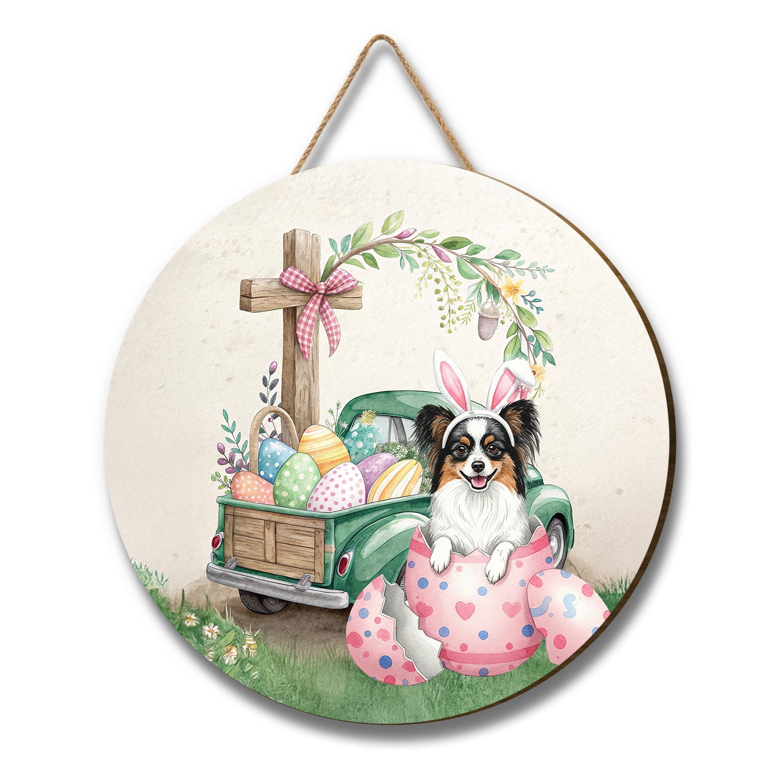 Easter Egg Papillon Bunny Ear Welcome Spring Truck Round Wood Sign Pap ...