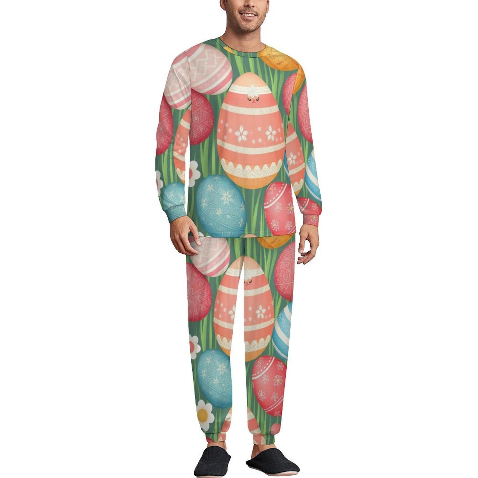 Easter Egg Pattern Pajamas Men Home Suit Winter Long Sleeve 2 Piece ...