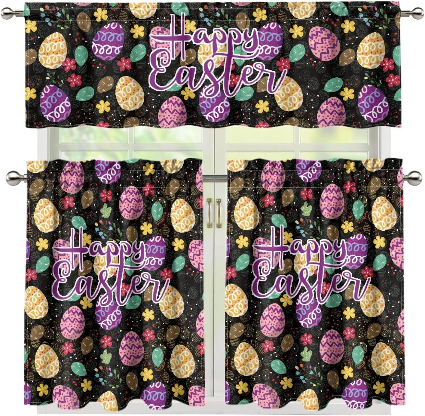 Easter Egg Print Easter Day Kitchen Curtain Valance and Tiers Set Touch ...