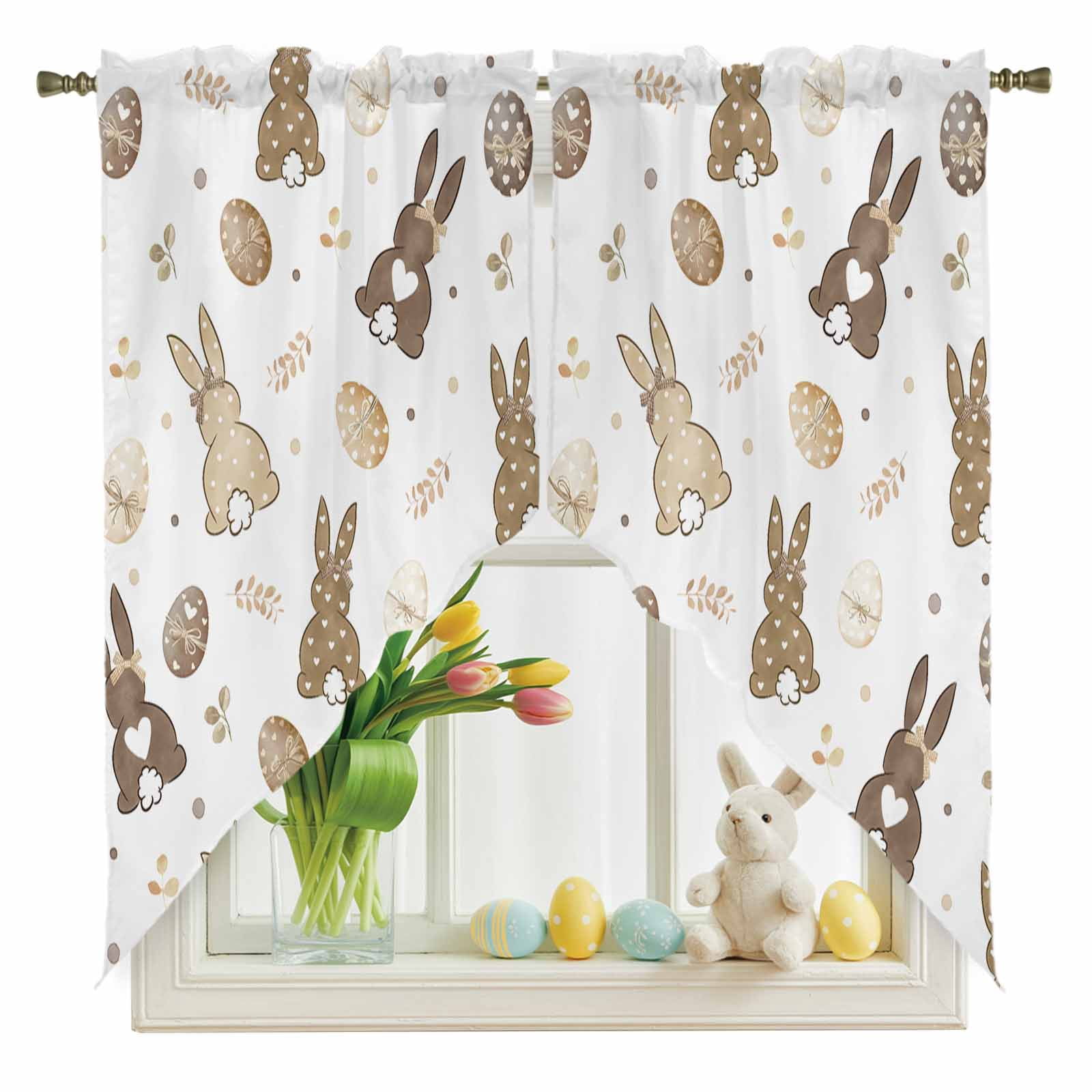 Easter Egg Rabbit Swag Valance Curtains Brown Point Rod Pocket Swag ...