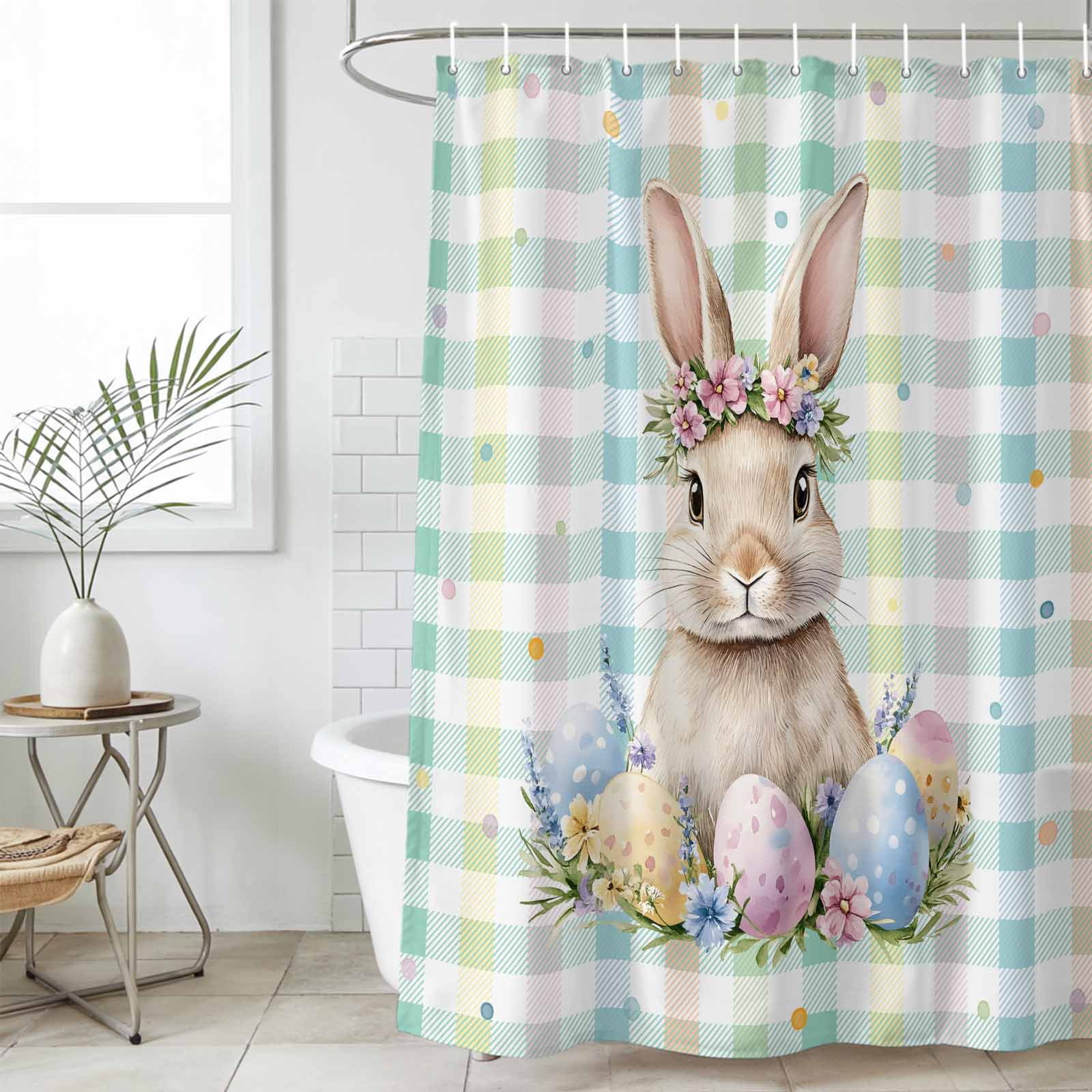 Easter Egg Rabbit Waterproof Fabric Shower Curtain,Colorful Grid ...