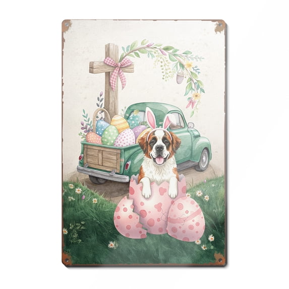 Easter Egg Saint Bernard Bunny Ear Welcome Spring Truck Vertical Metal ...