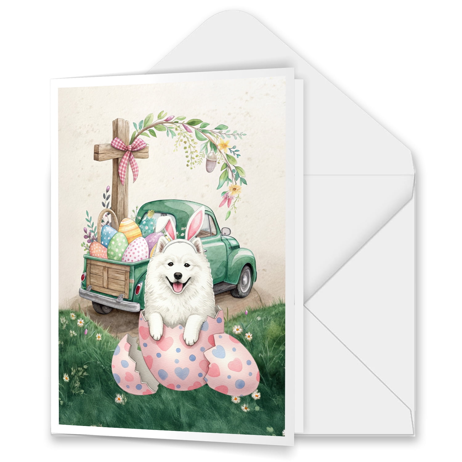 Easter Egg Samoyed Bunny Ear Welcome Spring Truck 5x7in Folded Greeting ...