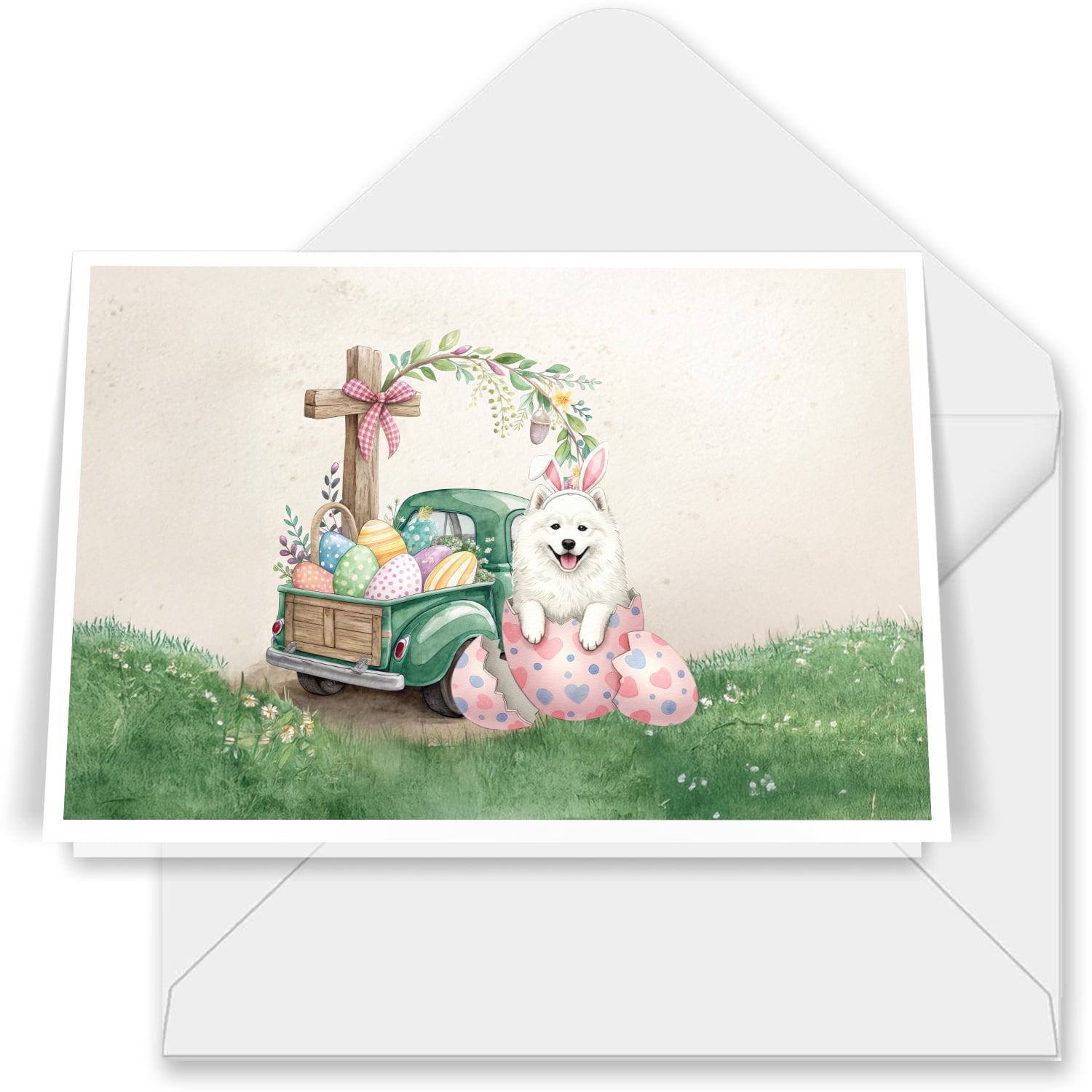 Easter Egg Samoyed Bunny Ear Welcome Spring Truck 7x5in Folded Greeting ...