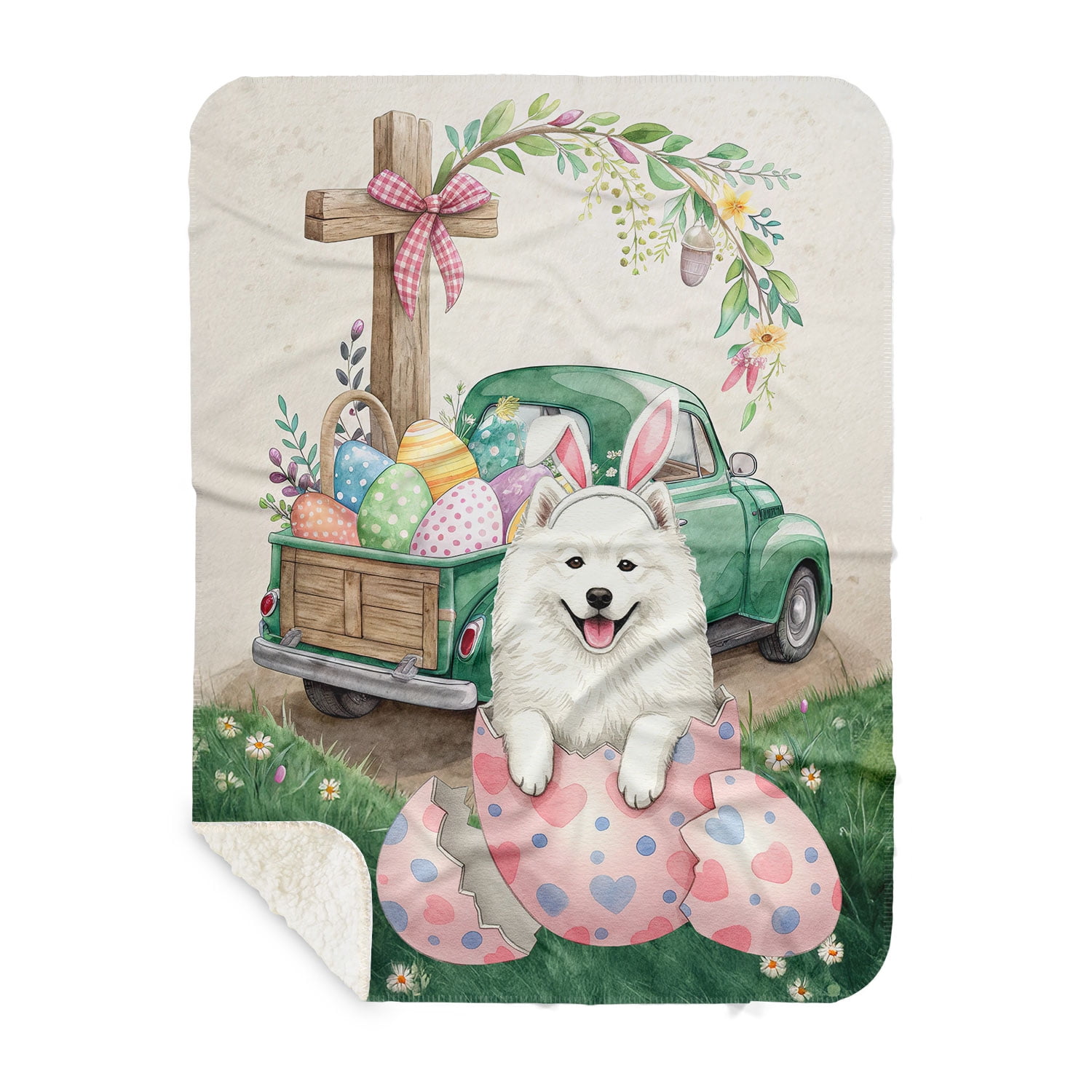 Easter Egg Samoyed Bunny Ear Welcome Spring Truck Cozy Sherpa Blanket ...