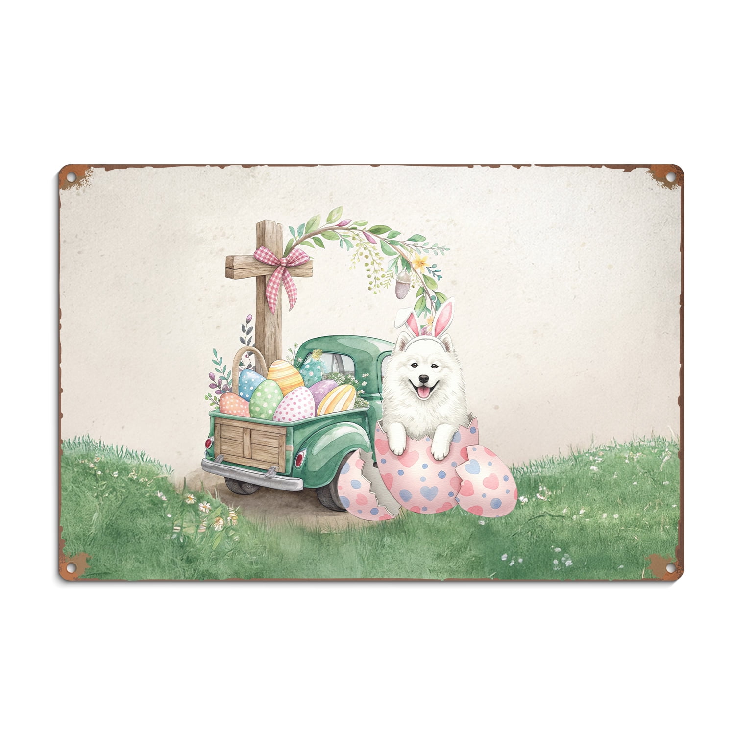 Easter Egg Samoyed Bunny Ear Welcome Spring Truck Horizontal Metal ...