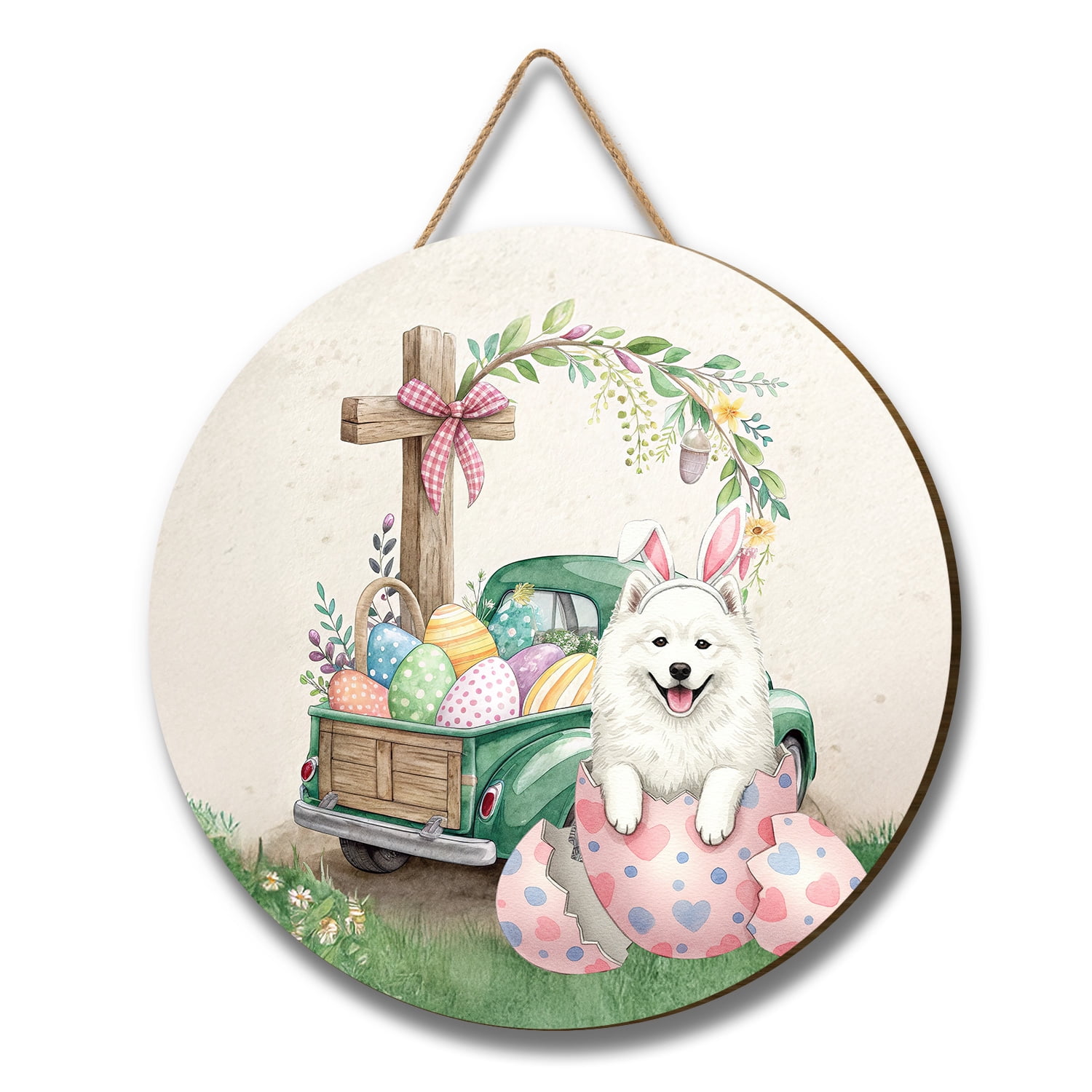 Easter Egg Samoyed Bunny Ear Welcome Spring Truck Round Wood Sign ...
