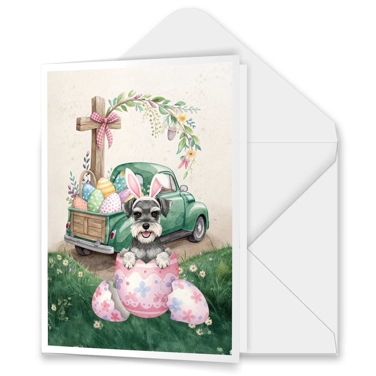 Easter Egg Schnauzer Bunny Ear Welcome Spring Truck 5x7in Folded ...