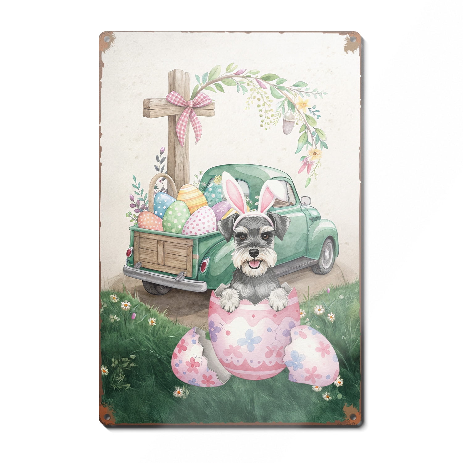 Easter Egg Schnauzer Bunny Ear Welcome Spring Truck Vertical Metal ...
