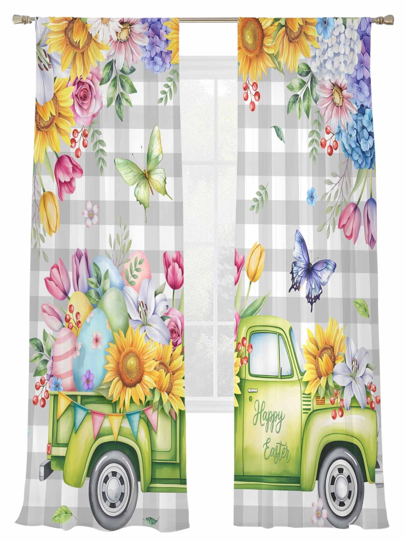 Easter Egg Sheer Curtains 2 Panels Set Green Truck Sunflower Blue ...