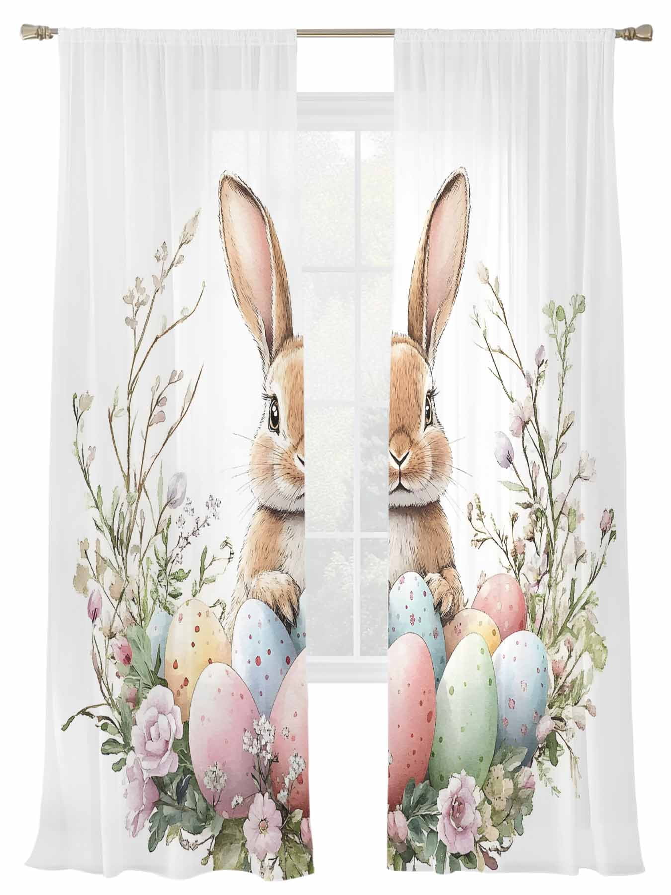 Easter Egg Sheer Curtains 2 Panels Set Spring Cute Bunny Flower Cartoon ...