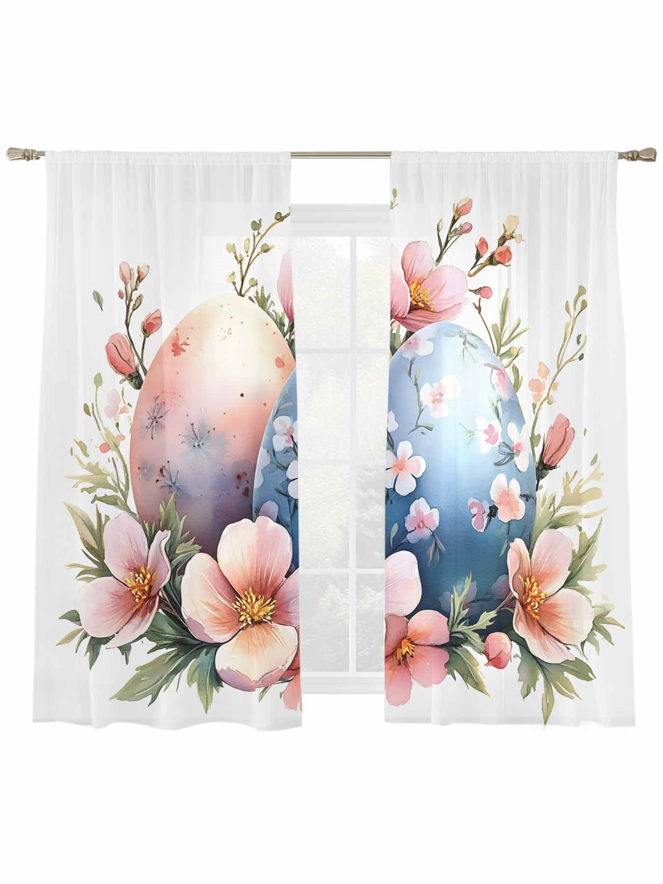 Easter Egg Sheer Curtains 2 Panels Set Watercolor Pink Blue Eggs ...