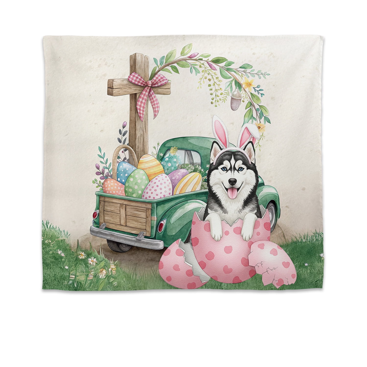 Easter Egg Siberian Husky Bunny Ear Welcome Spring Truck Tapestry Husky ...