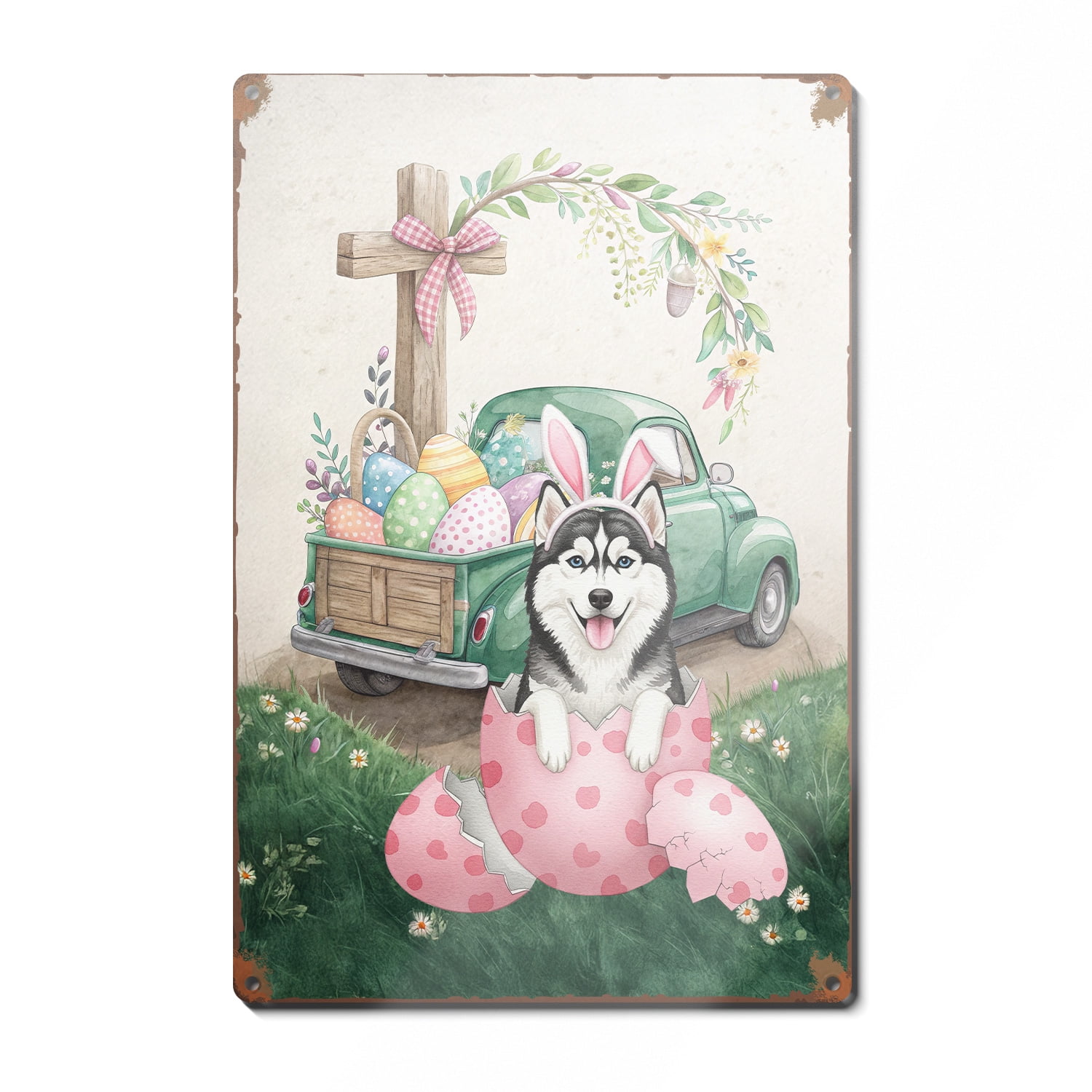 Easter Egg Siberian Husky Bunny Ear Welcome Spring Truck Vertical Metal ...