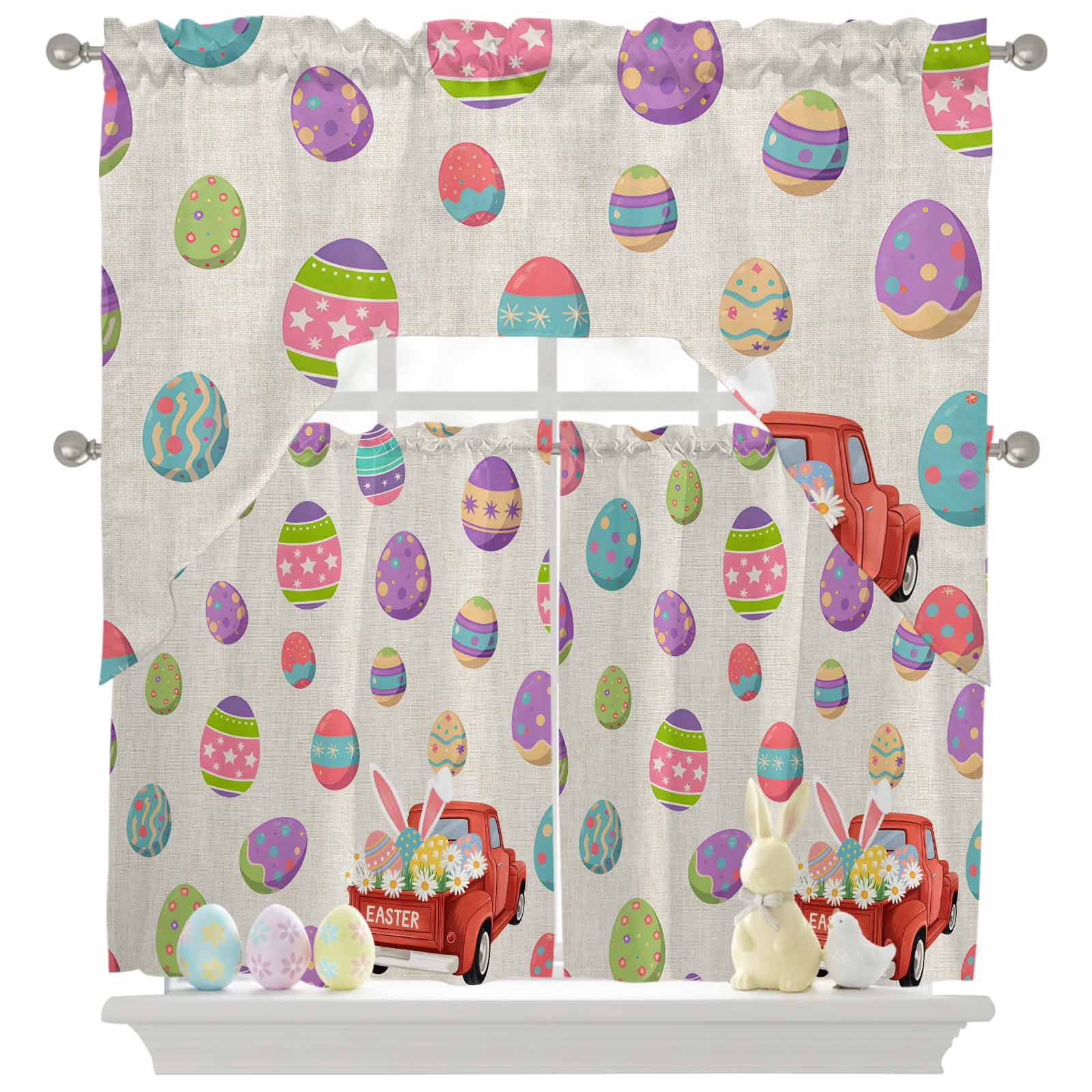 Easter Egg Swag Curtains Valance & Tier Set, Colorful Easter Egg Red ...