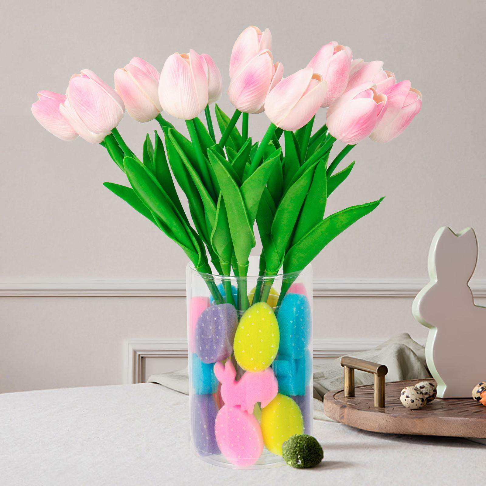 Easter Egg Table Centerpiece Decorations Set–15 Artificial Tulips with 30 Bunnies&a Bag of Eggs ...