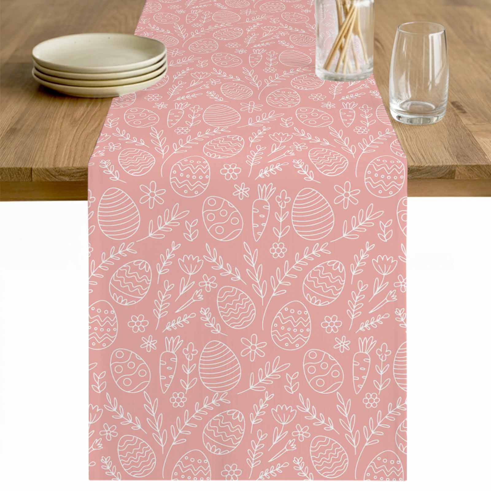 Easter Egg Table Runner - 108 Inch Long Pink Flowers Leaves Line Hand ...