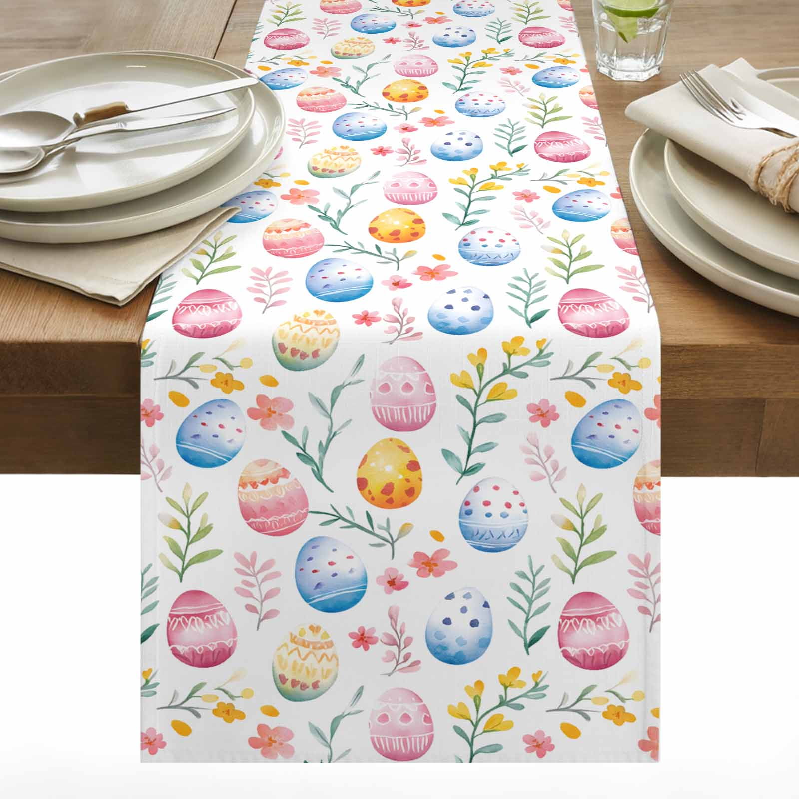 Easter Egg Table Runner 13x120 inch Colorful Eggs Watercolor Spring Flower Leaves Cotton Linen ...
