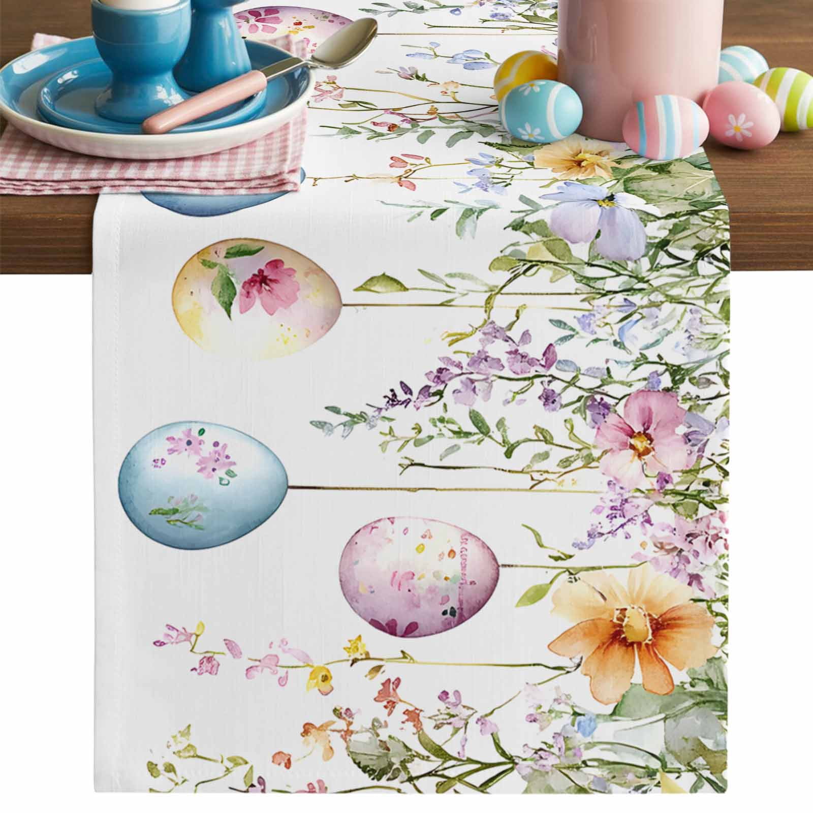 Easter Egg Table Runner, Spring Leaf Floral Cotton Linen Kitchen Table ...