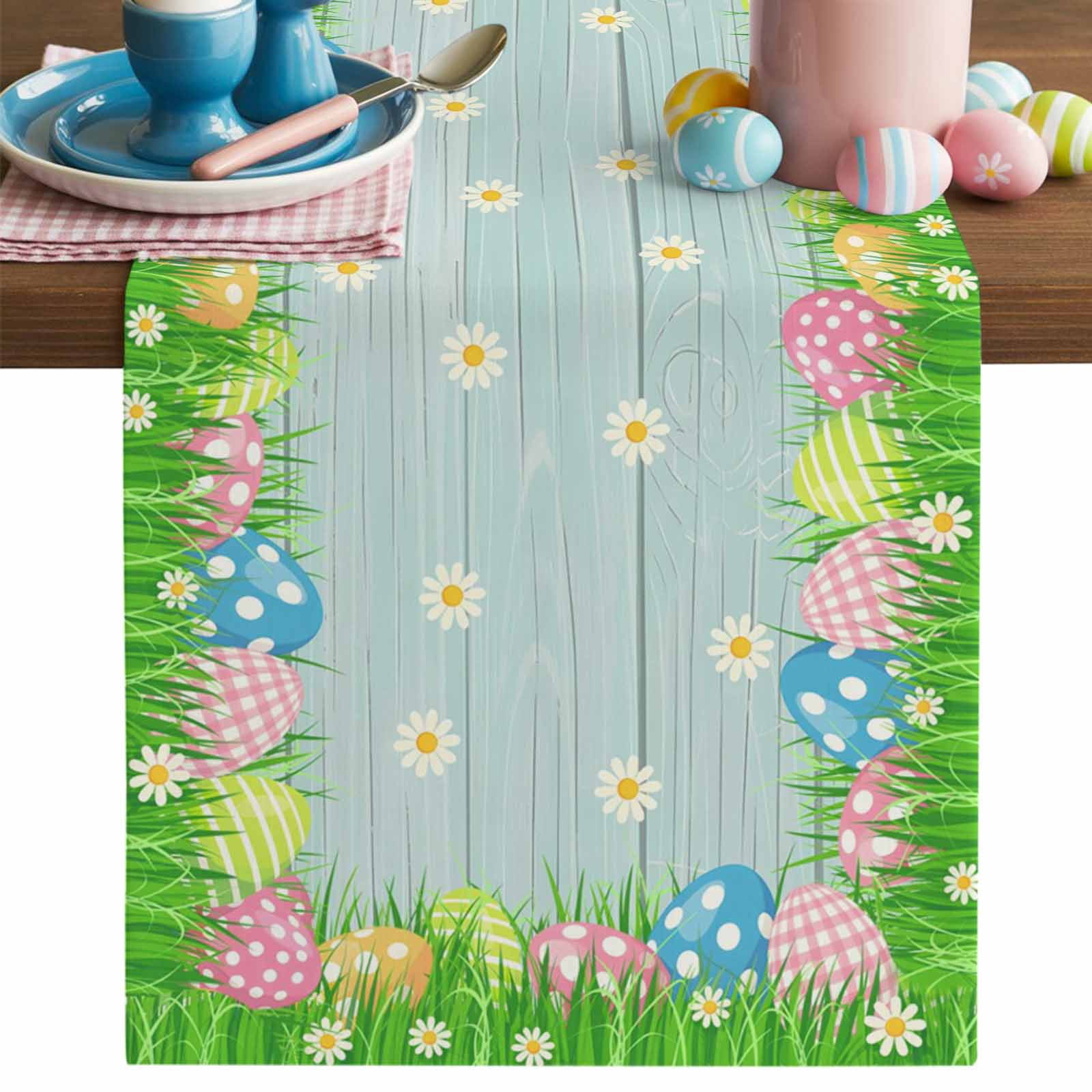 Easter Egg Table Runner, Spring White Daisy Floral Colorful Easter Egg ...