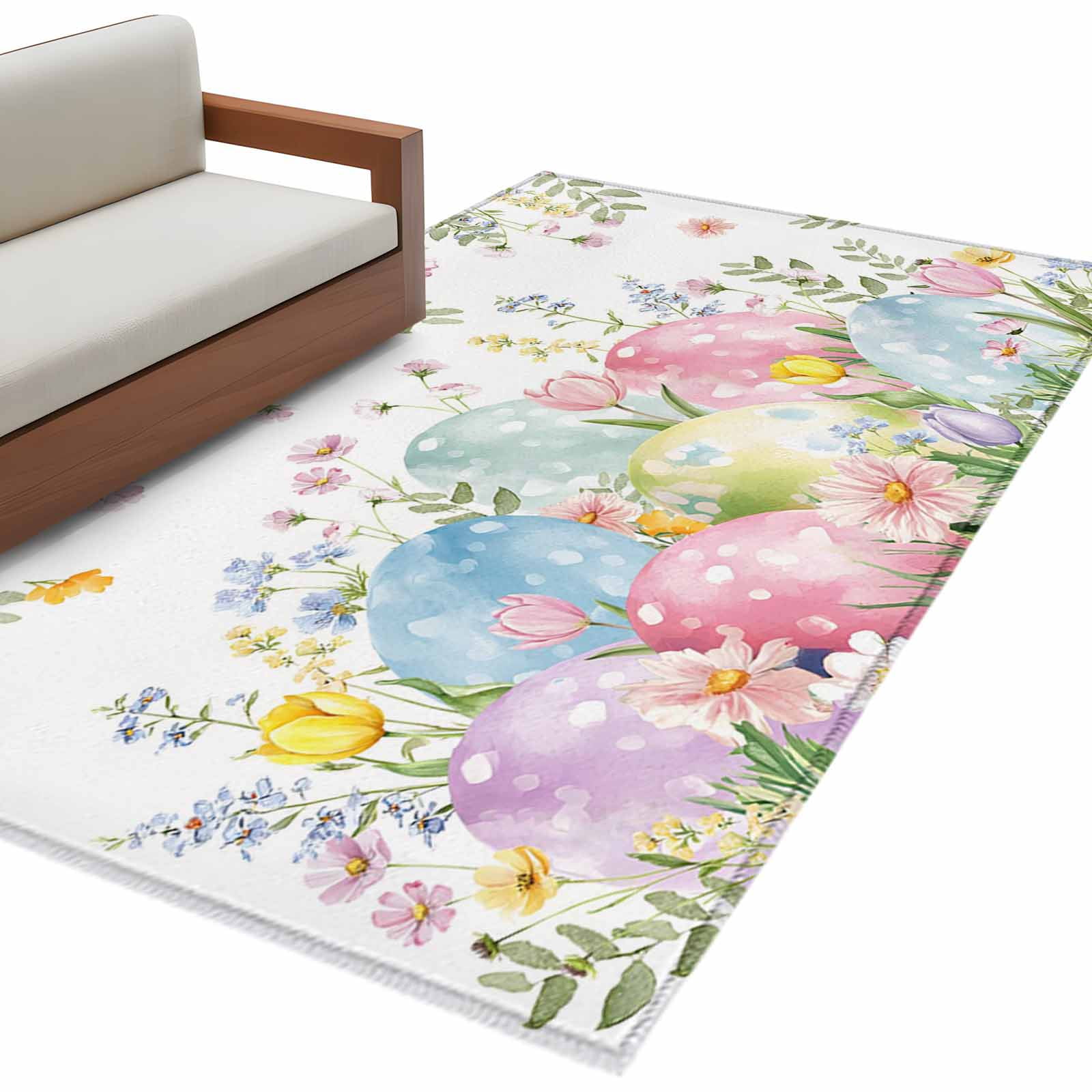 Easter Egg Washable Area Rug 4 x 6 ft Spring Blue Pink Eggs Pink Flower ...