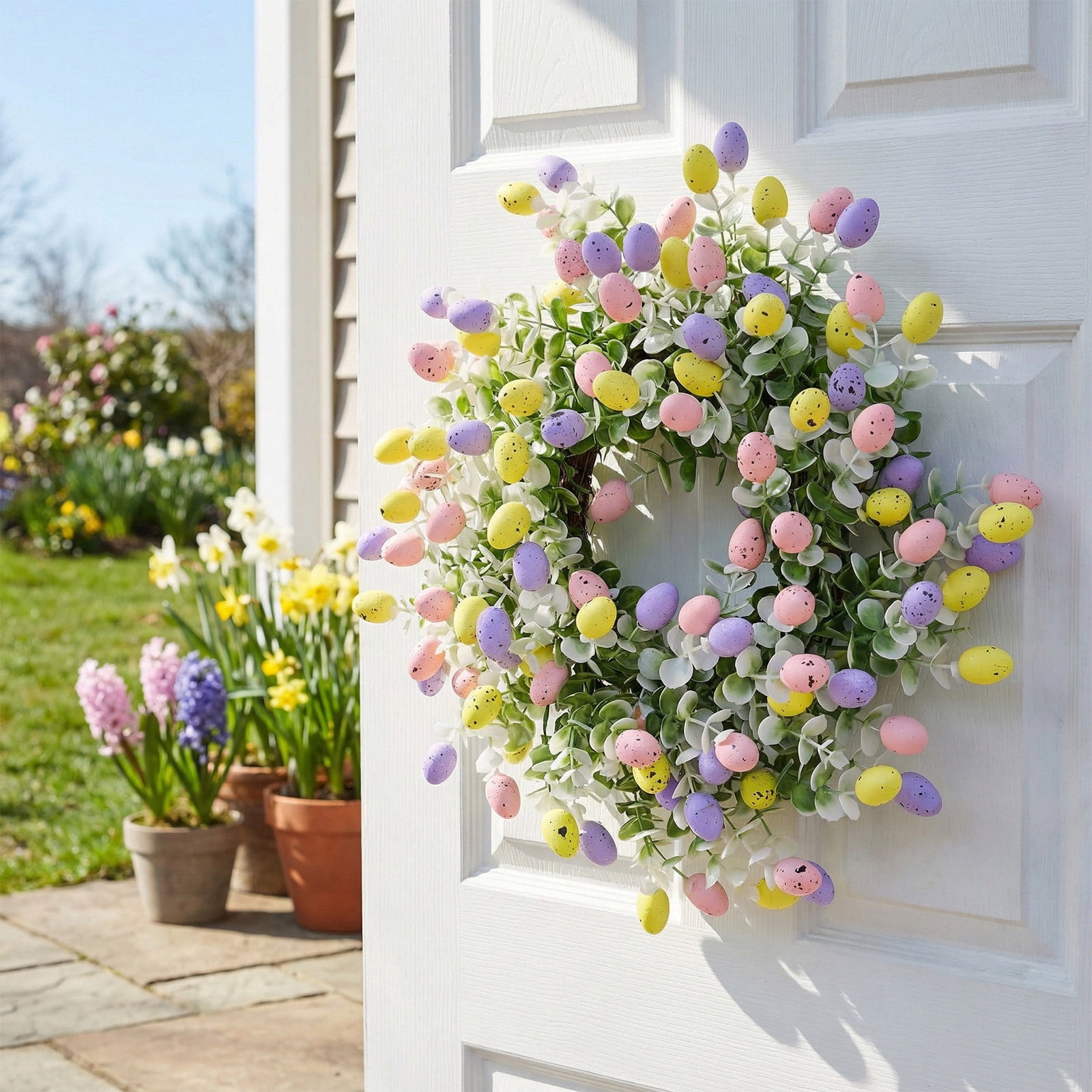 Easter Egg Wreath Round Spring Door Hanging Artificial Flower Decor ...