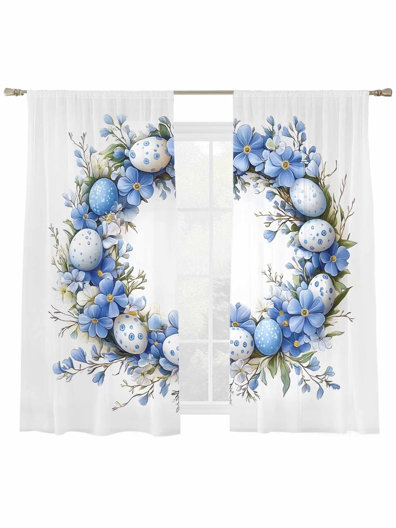 Easter Egg Wreath Sheer Curtains 2 Panels Set Watercolor Blue White ...