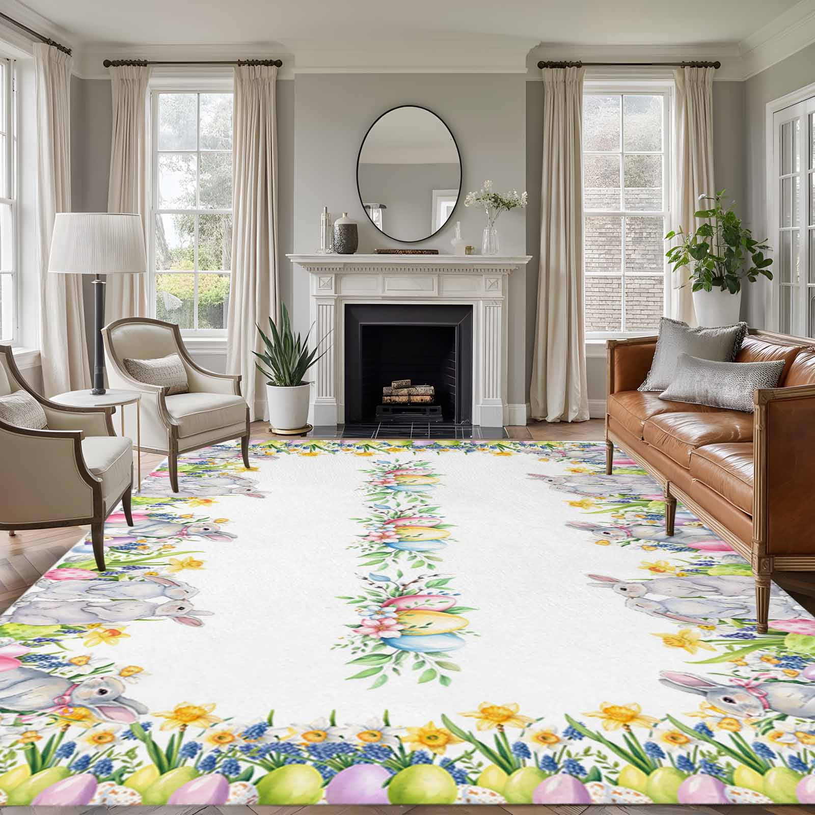 Easter Eggs Area Rug 6x9 Washable Rug Non Slip Spring Watercolor Bunny ...