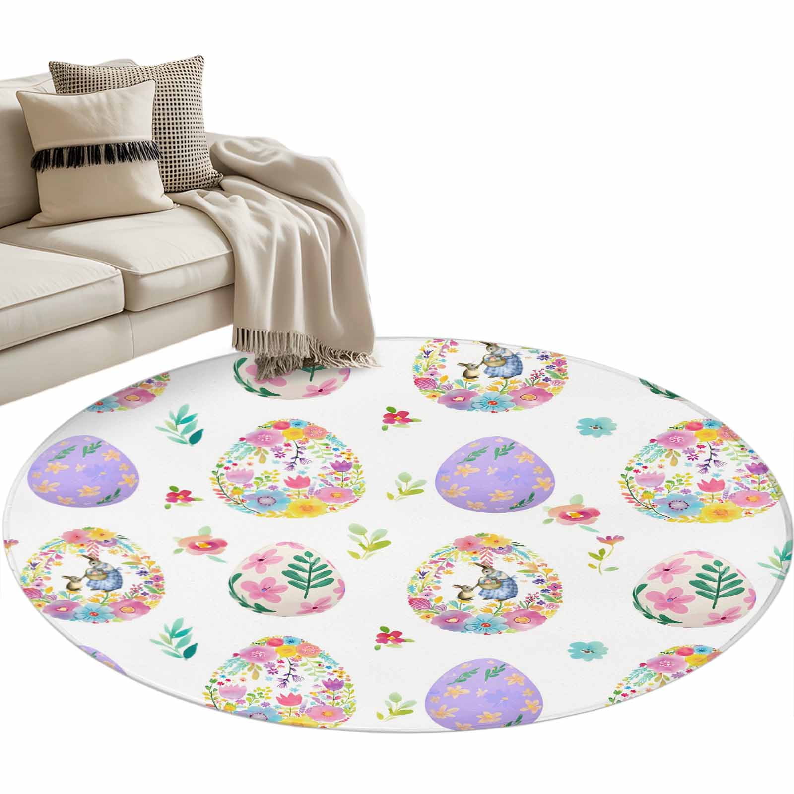 Easter Eggs Area Rugs 4ft Spring Rabbits Floral Purple Pink Eggs Floor ...