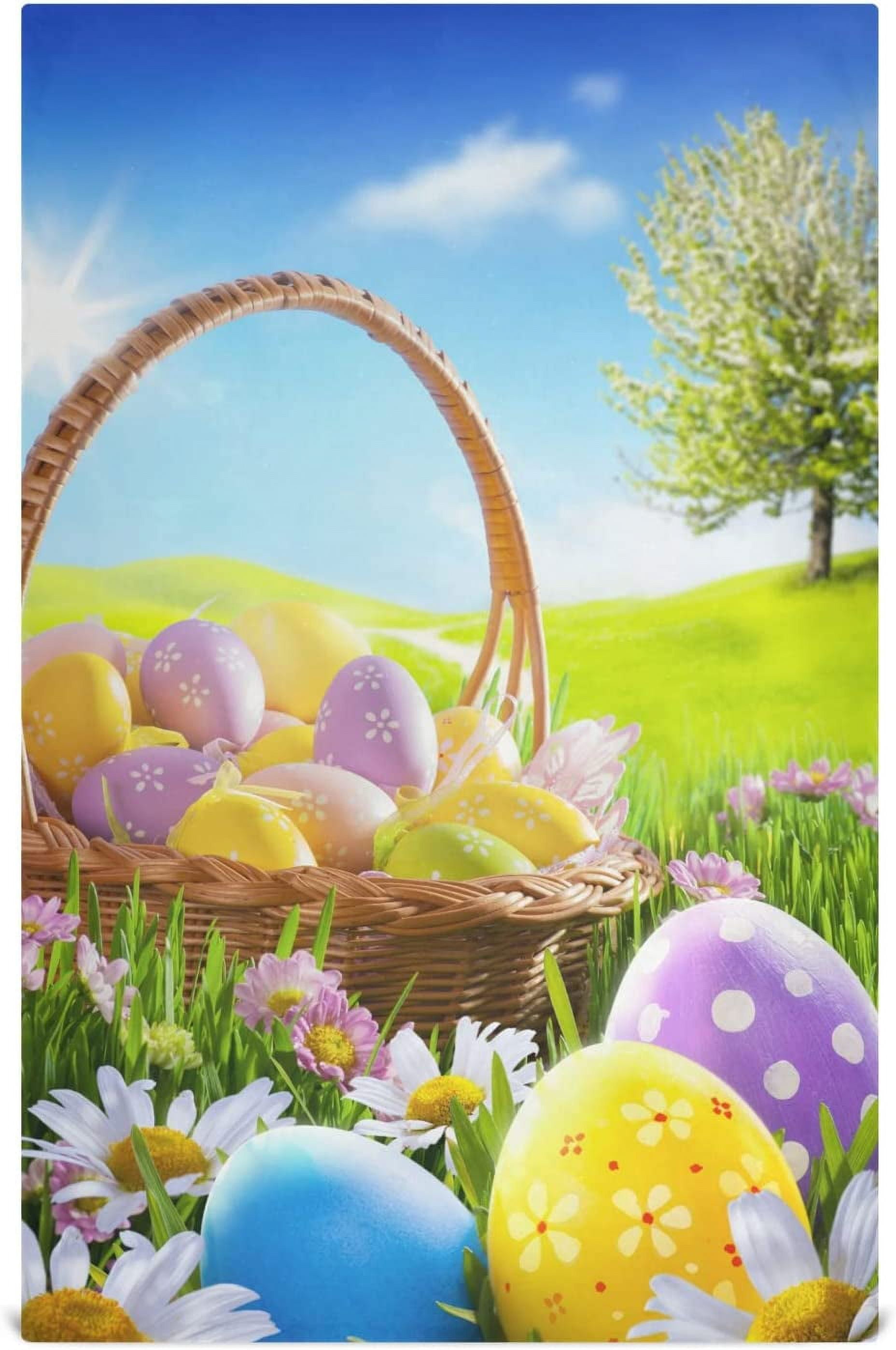 Easter Eggs on Basket Kitchen Tea Towels Set of 1 Absorbent Hand Dish ...