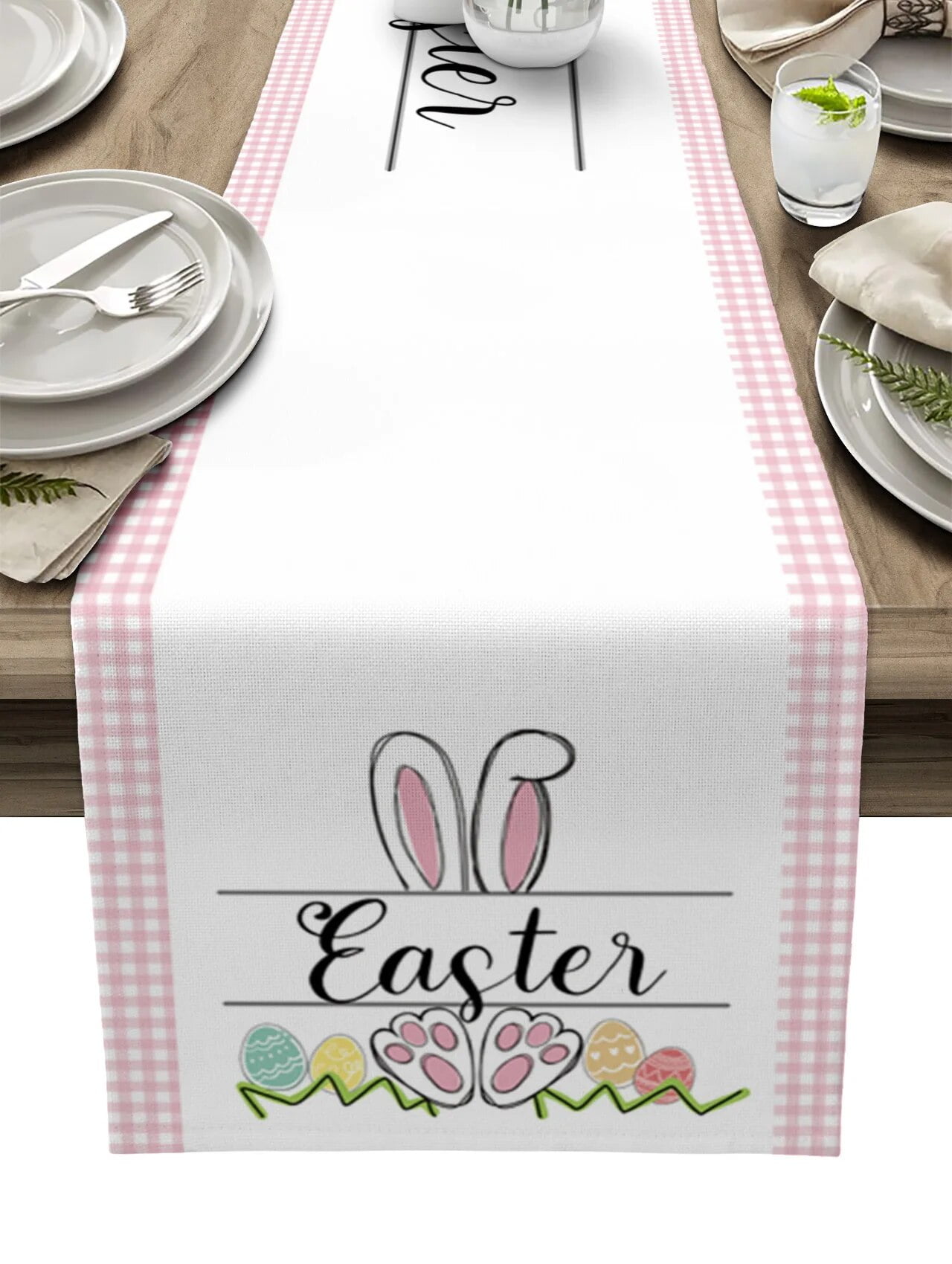Easter Eggs Bunny Ears Pink Plaid Table Runner Wedding Decor Table ...
