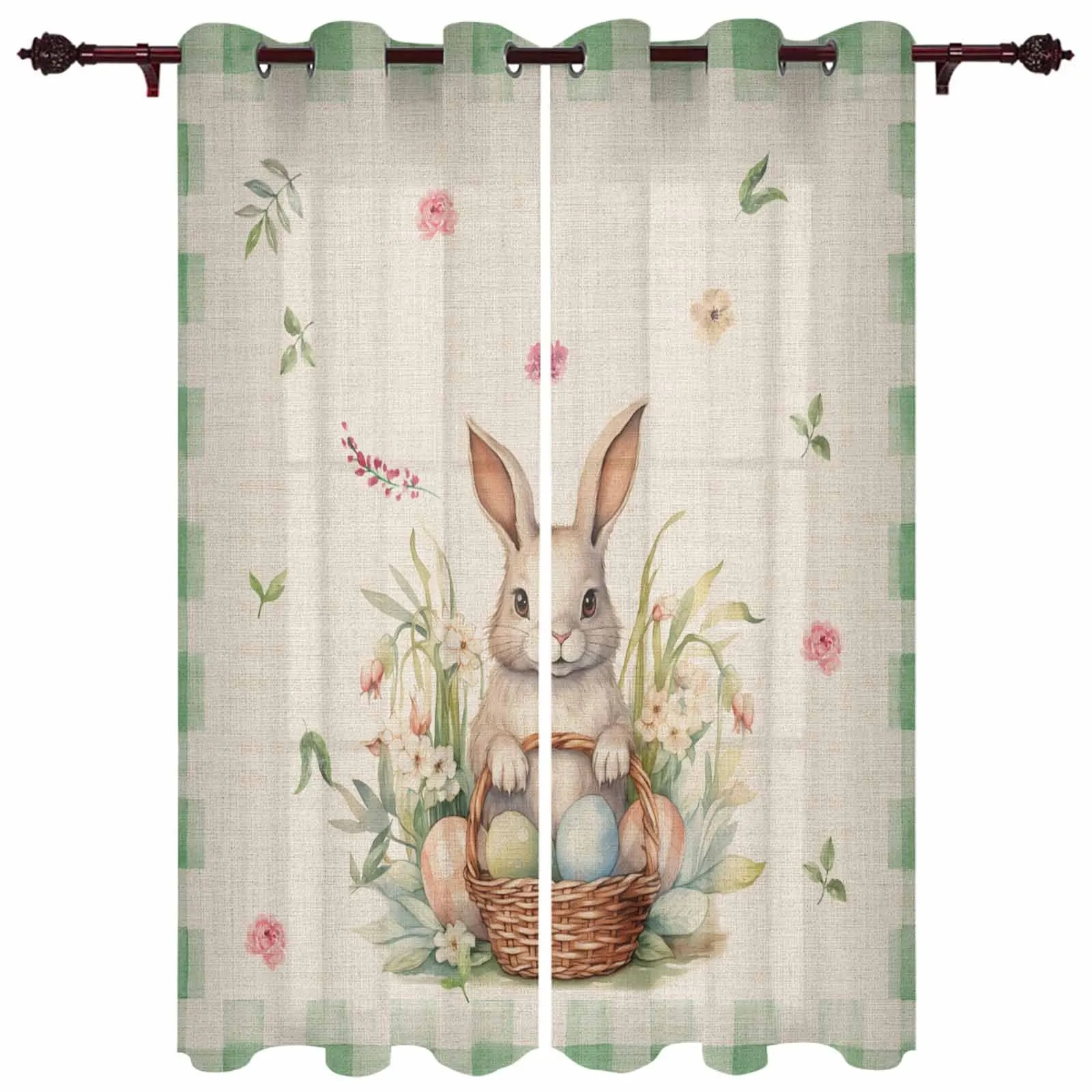Easter Eggs Bunny Flower Plaid Window Curtains for Living Room Bedroom ...