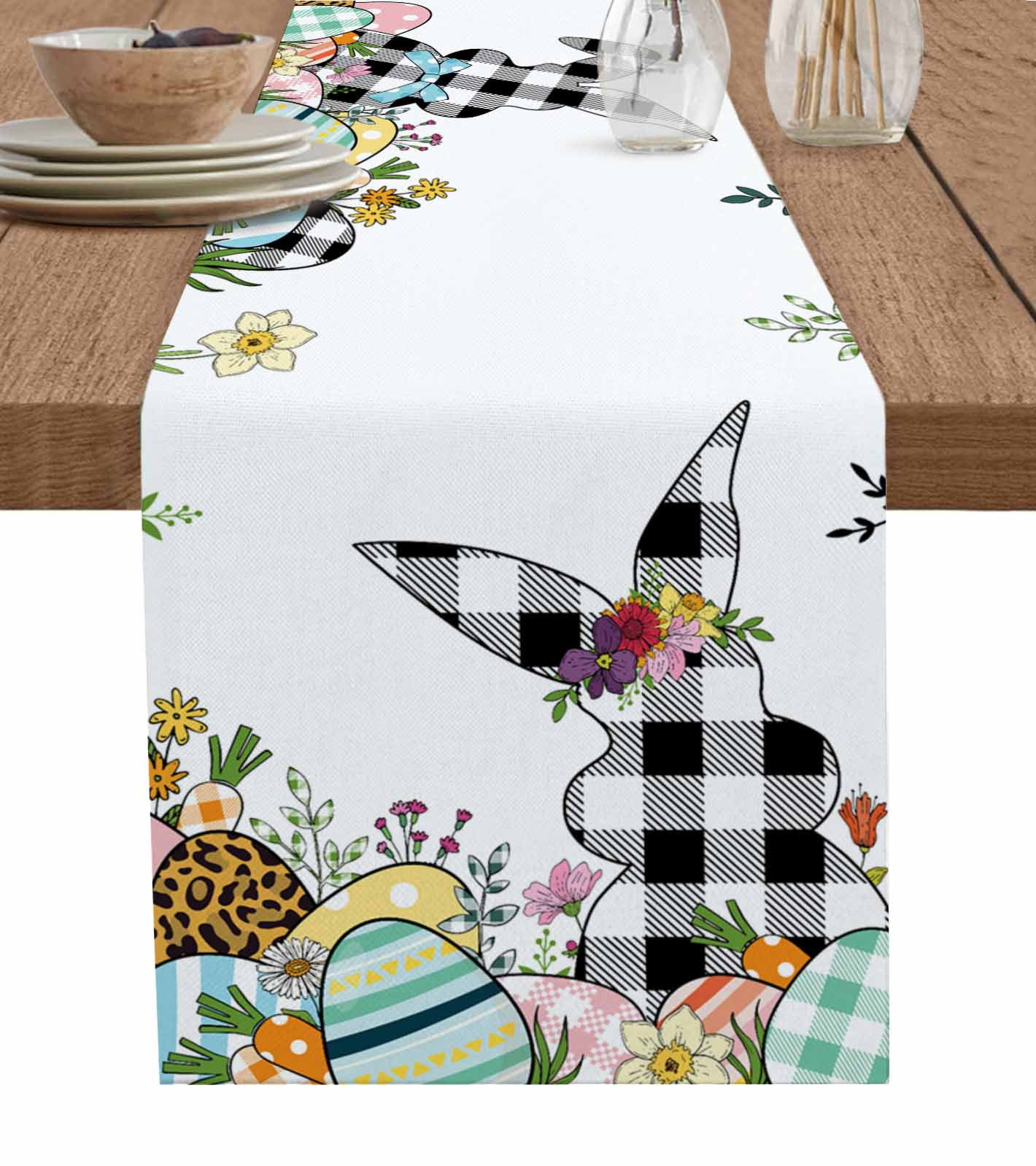 Easter Eggs Bunny Polka Dots Retro Style Table Runner Cotton Linen ...