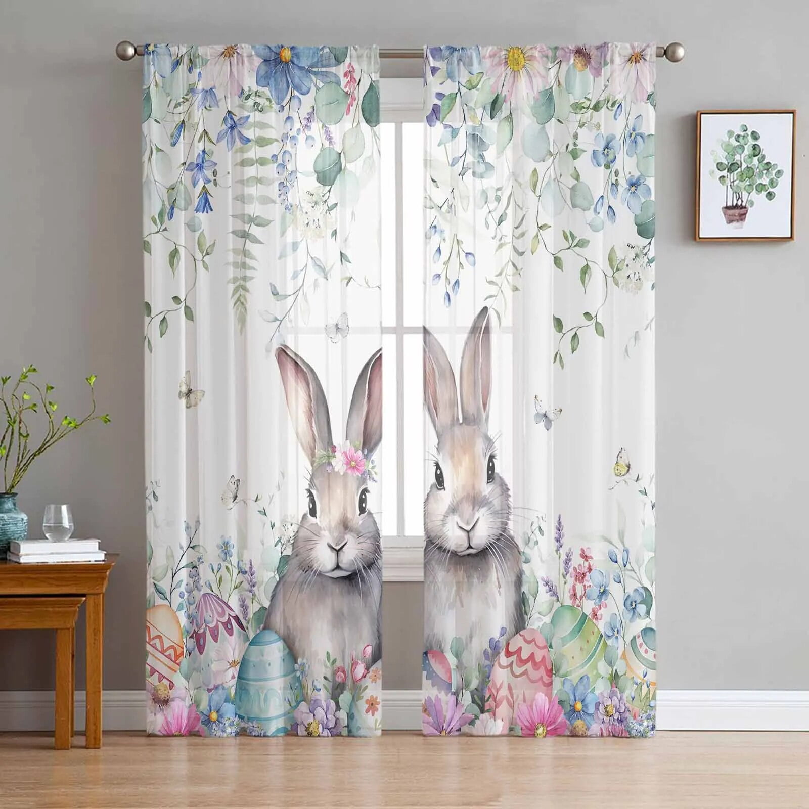 Easter Eggs Bunny Spring Flower Tulle Curtains for Living Room Sheer ...