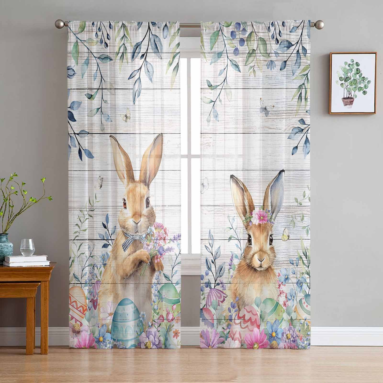 Easter Eggs Bunny Spring Flower Tulle Curtains for Living Room Sheer ...