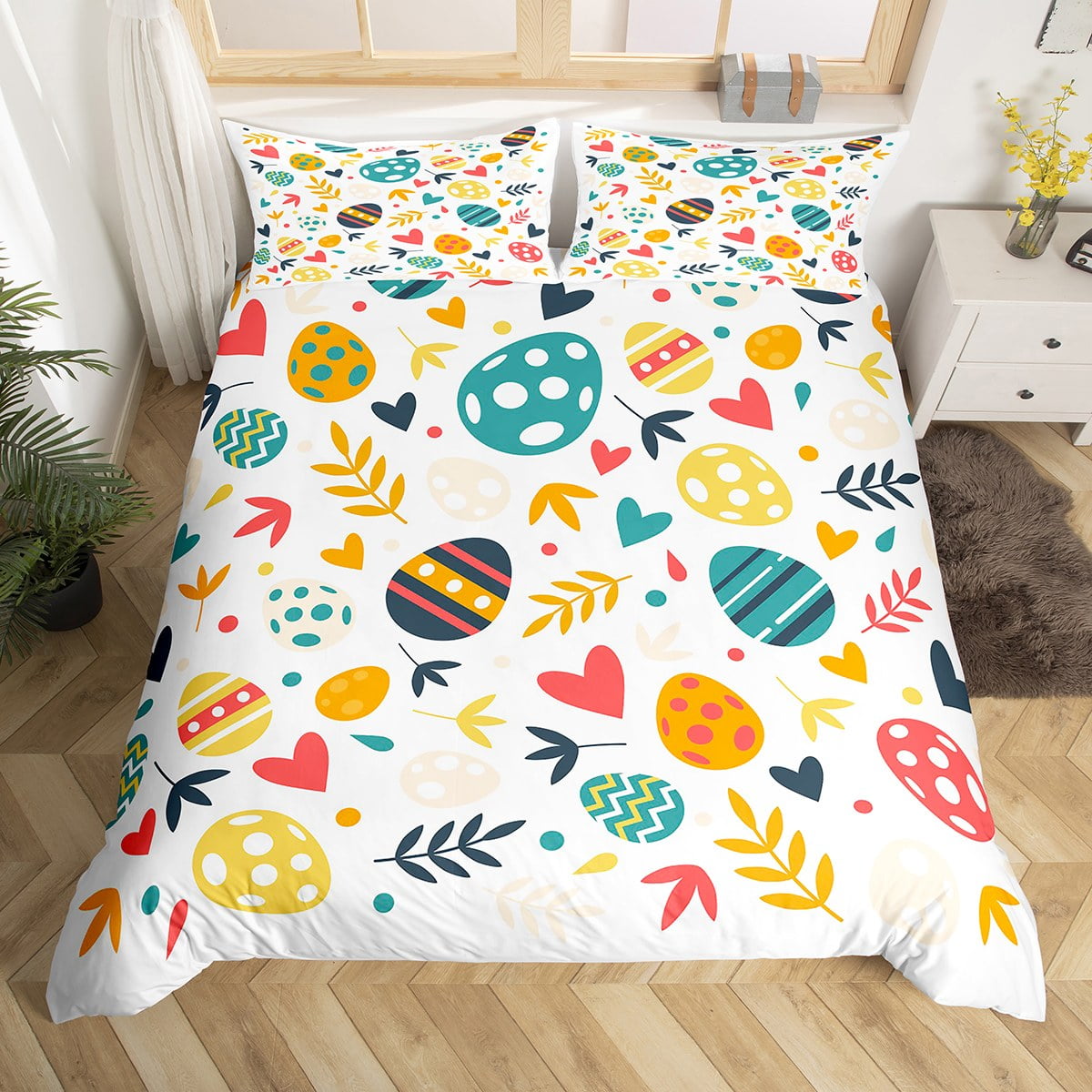 Easter Eggs Comforter Cover Watercolor Flowers Duvet Cover,Colorful ...