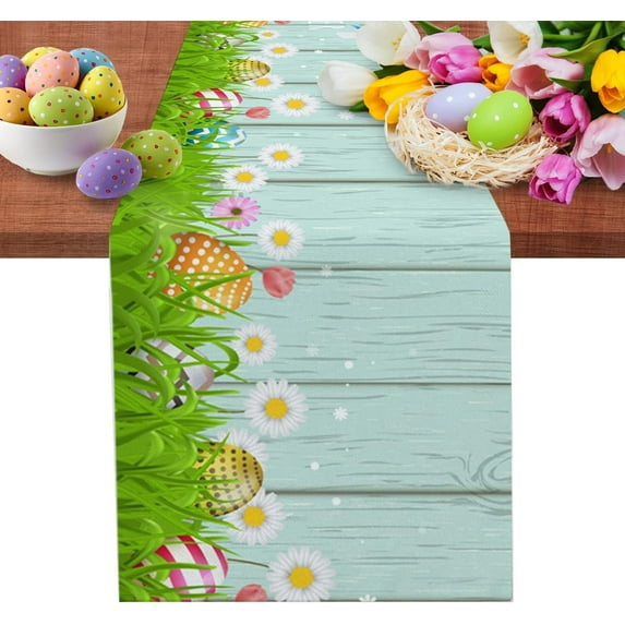 Easter Eggs Daisies Funny Bunny Ears Blue Stripe Linen Table Runners ...