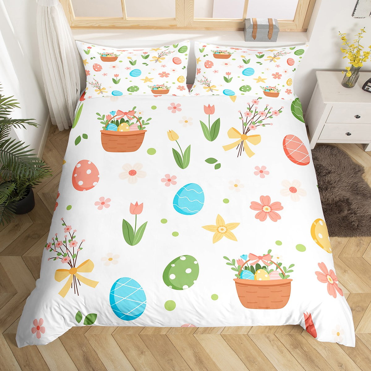 Easter Eggs Decor Kawaii Bedding Set Queen,Rainbow Easter Basket ...