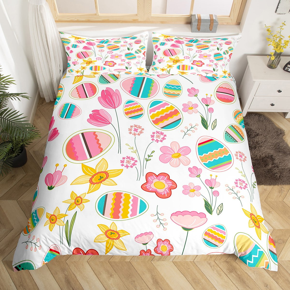 Easter Eggs Decor Kawaii Bedding Sets King,Rainbow Easter Egg Comforter ...