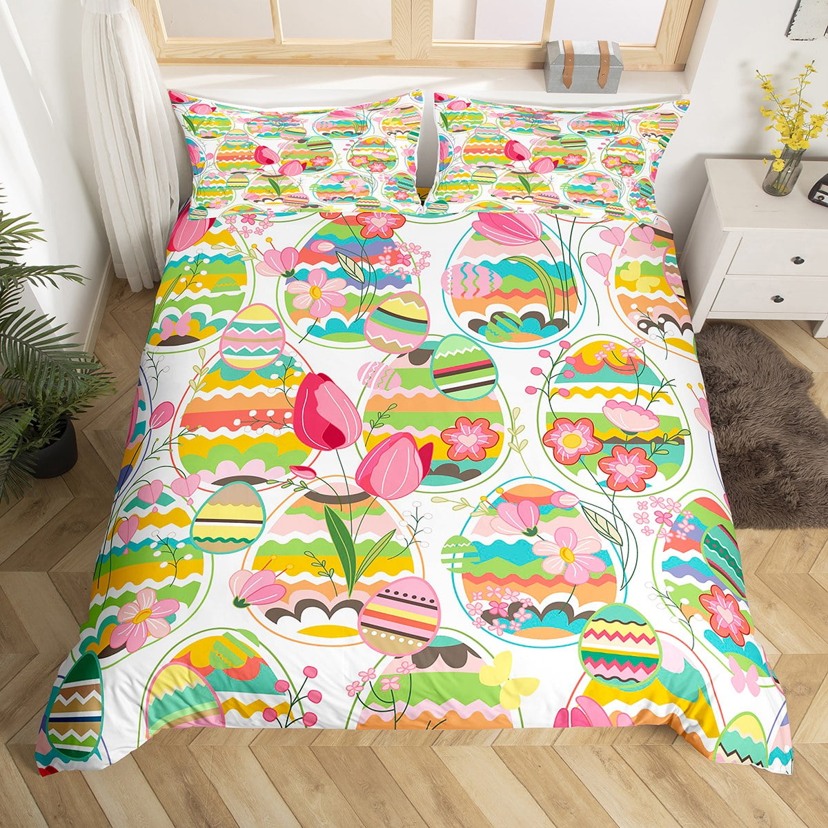Easter Eggs Decor Kawaii Bedding Sets Queen,Rainbow Easter Egg ...