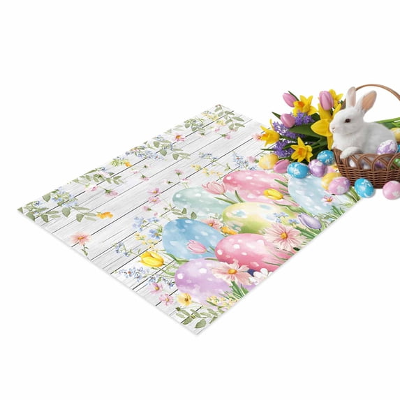 Easter Eggs Door Mat Spring Colorful Eggs Floral Leaf White Wood Grain ...
